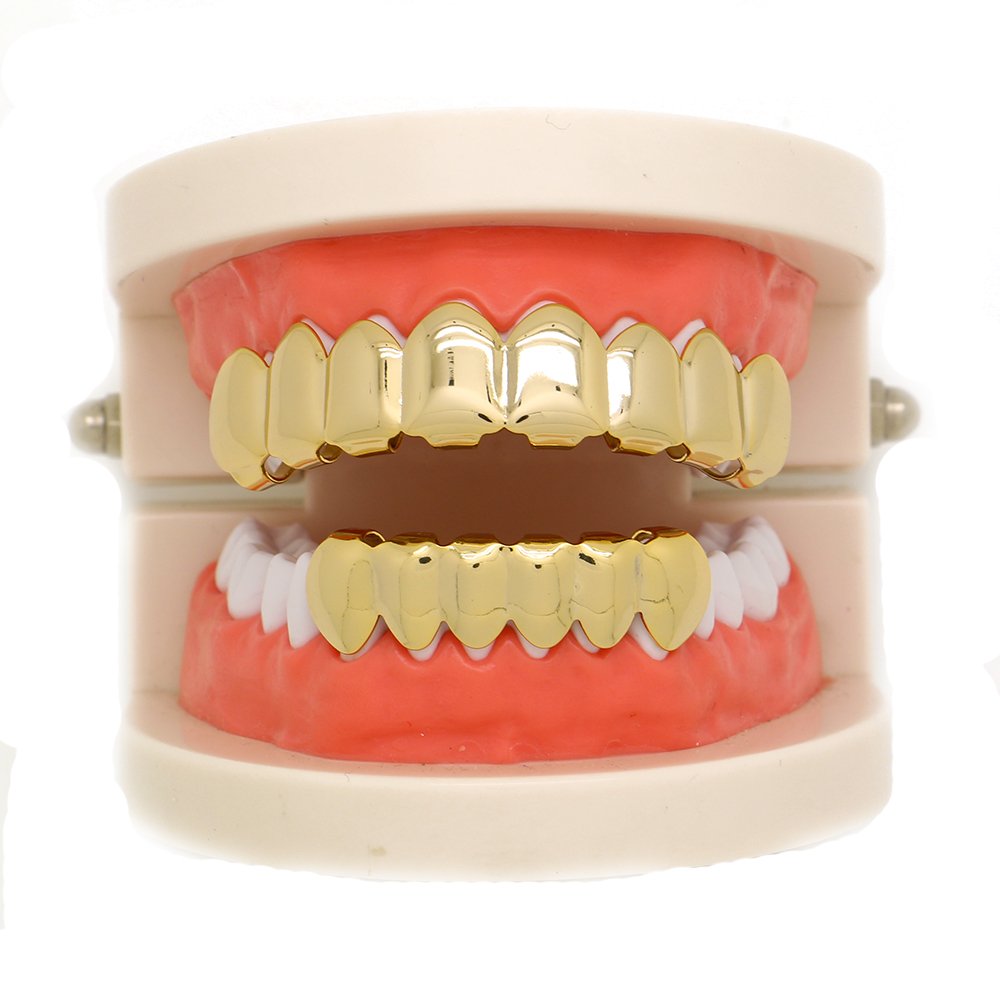 LuReen Shiny 14k Gold Silver Grillz 8 Teeth Top and 6 Bottom Set Mouth Grillz + Extra 2 Molding Bars