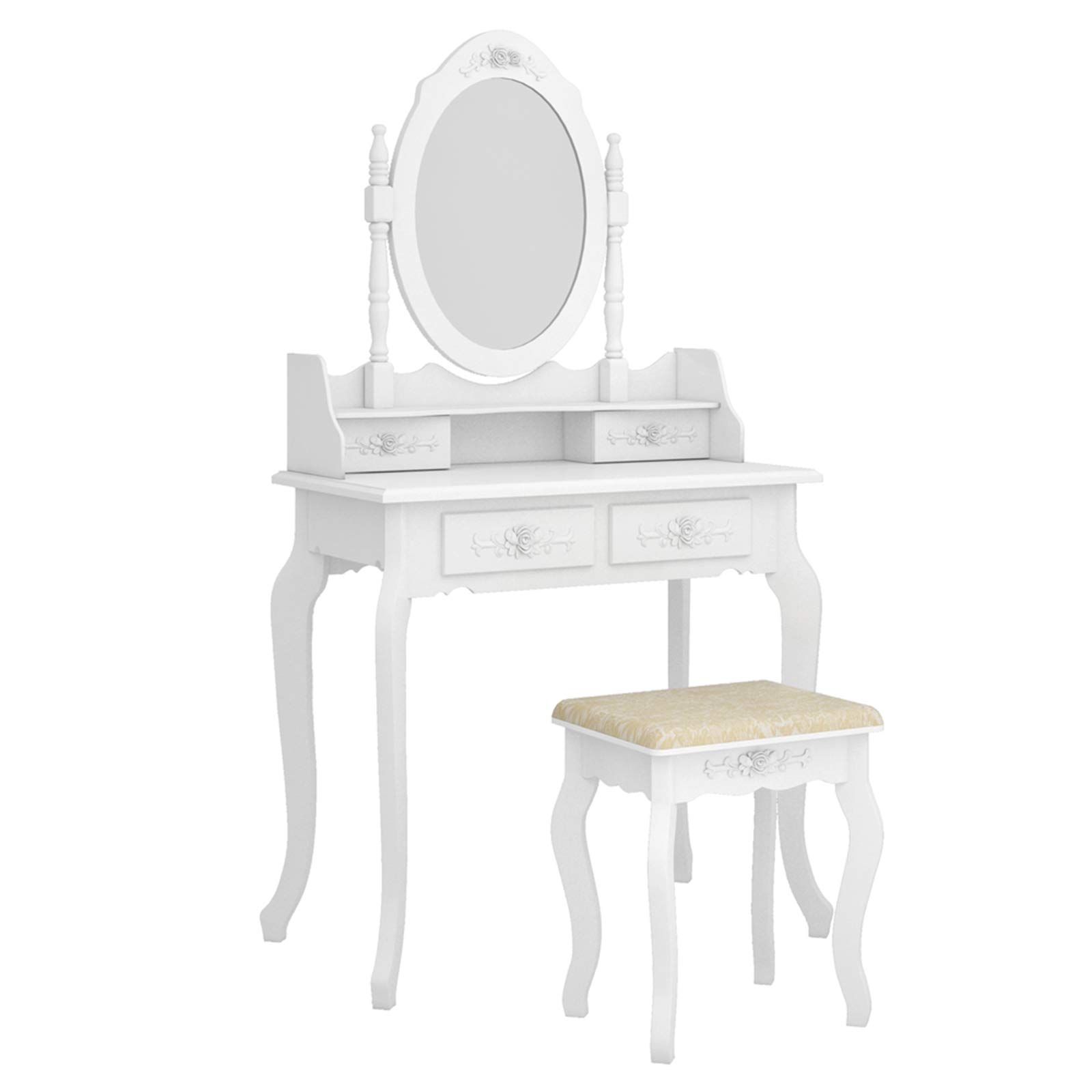 Makeup Vanity with Mirror, Vanity with 4 Drawers with Cushioned Stool for Women Girls, 360-Degree Rotation Removable Mirror Dresser Vanity Table Set with Storage Drawer & Chair