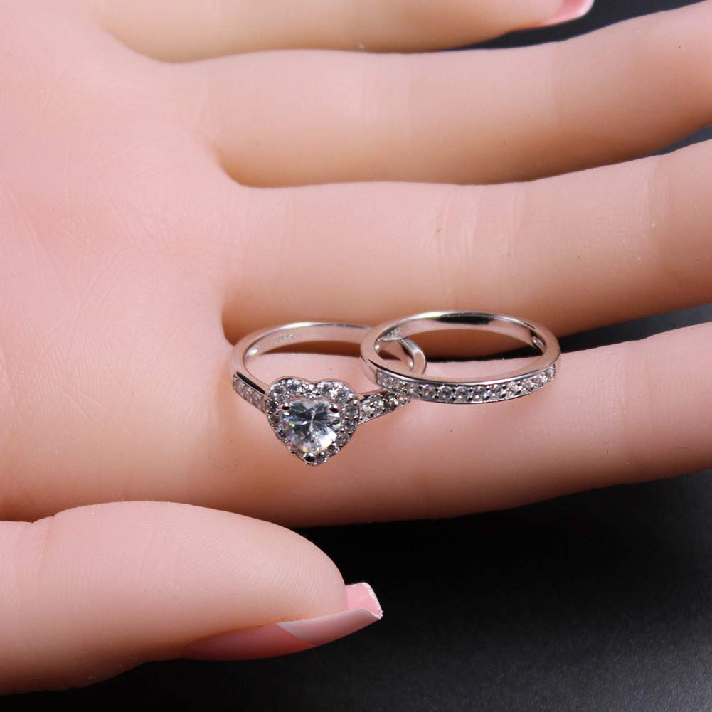 MABELLA His Hers 3 Pcs Stainless Steel Matching Band Women Heart Cut Sterling Silver Wedding Engagement Ring Set Women's Size 6 Men's Size 11