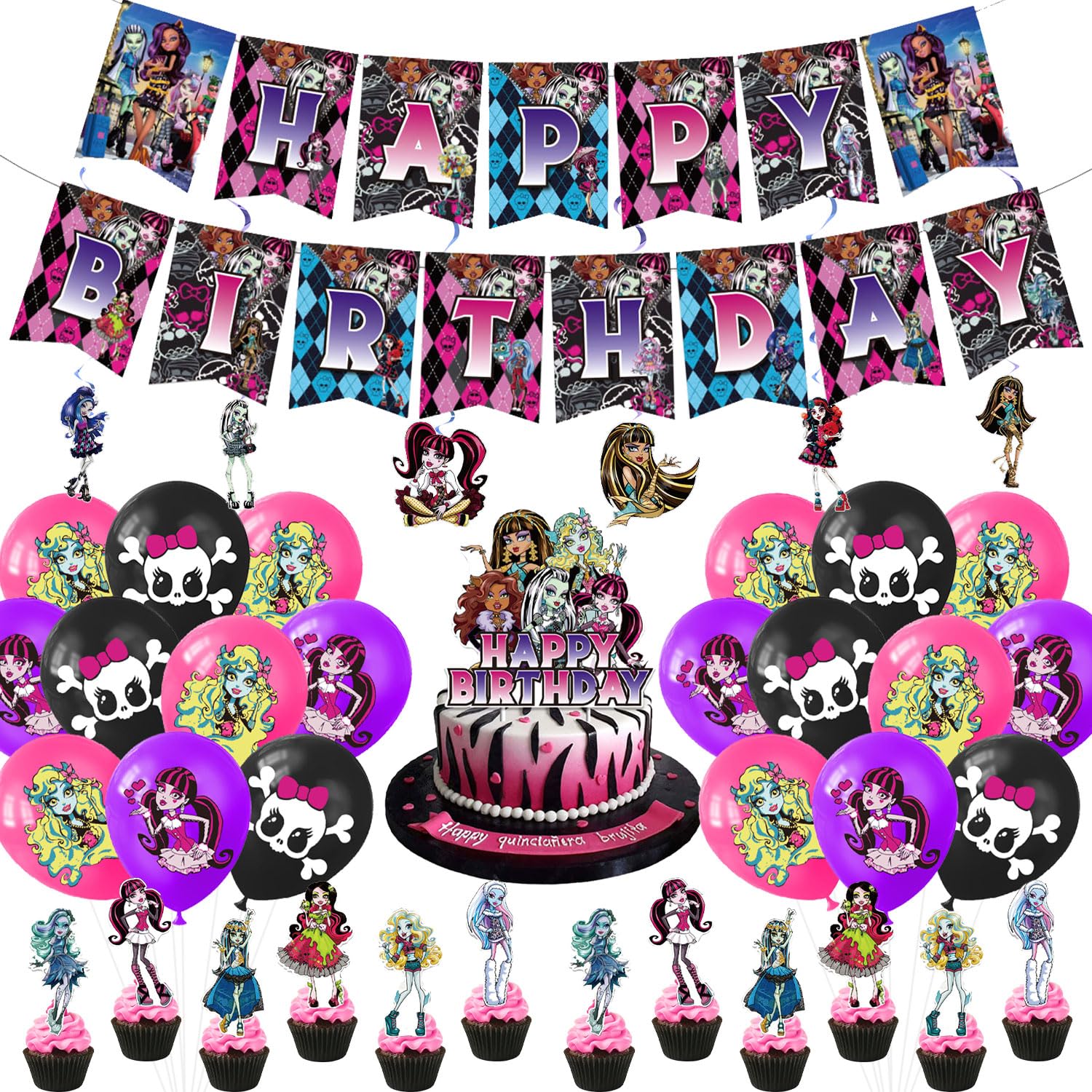 Monster Party Decorations,Birthday Party Supplies For Monster Girl Party Supplies Includes Banner - Cake Topper - 12 Cupcake Toppers - 18 Balloons- 6 Hanging Swirls
