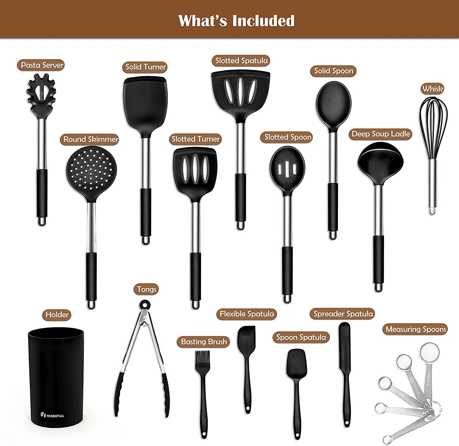 MUSENTIAL 20-Piece Kitchen Utensil Set with Holder, BPA-Free Silicone and Stainless Steel Handle, Non-Stick and Heat Resistant Cooking Spatula Utensil Set (Black/Silver)