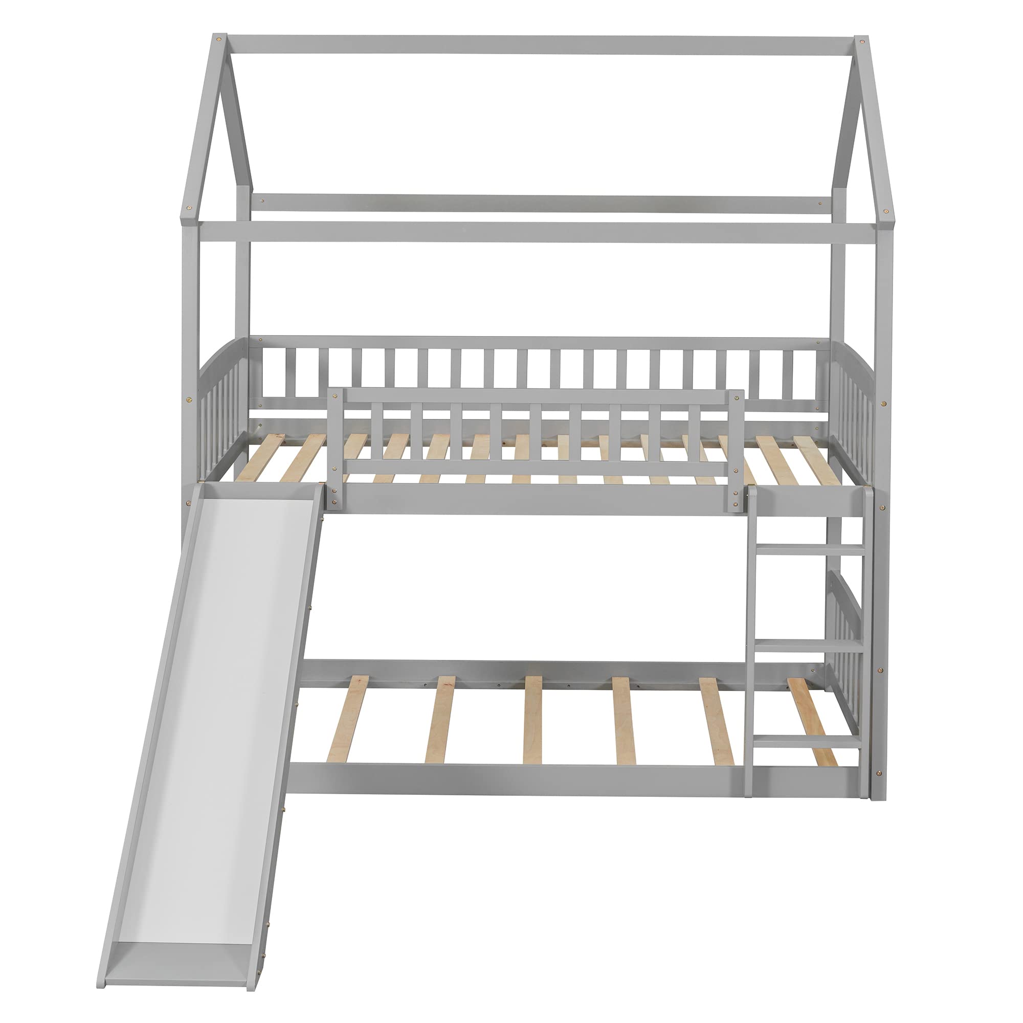 LostCat Full over Full Bunk Bed with Convertible Slide and Ladder,Solid Pinewood Frame, Low Bunk Bed w/Safety Guardrails,Suitable for Kids/Teen,No Box Spring Needed,Grey