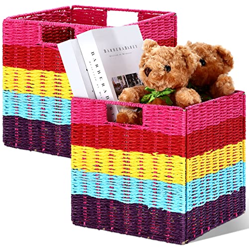 Panelee 2 Pcs Wicker Storage Basket Handwoven Wicker Baskets Foldable Cube Storage Bins with Handles, Large Wicker Square Wicker Storage Baskets for Shelves Pantry, Iridescent 11 x 11 Inch