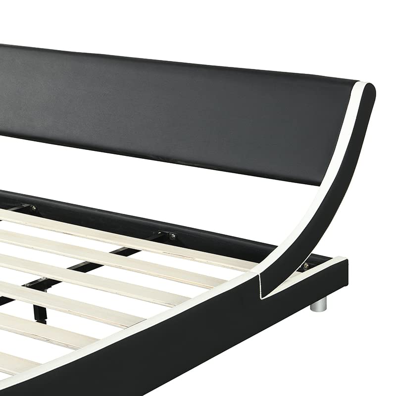 MegaChunk Faux Leather Upholstered Platform Bed Frame, King Size, Curve Design, Wood Slat Support, No Box Spring Needed, Easy Assemble, Black+White