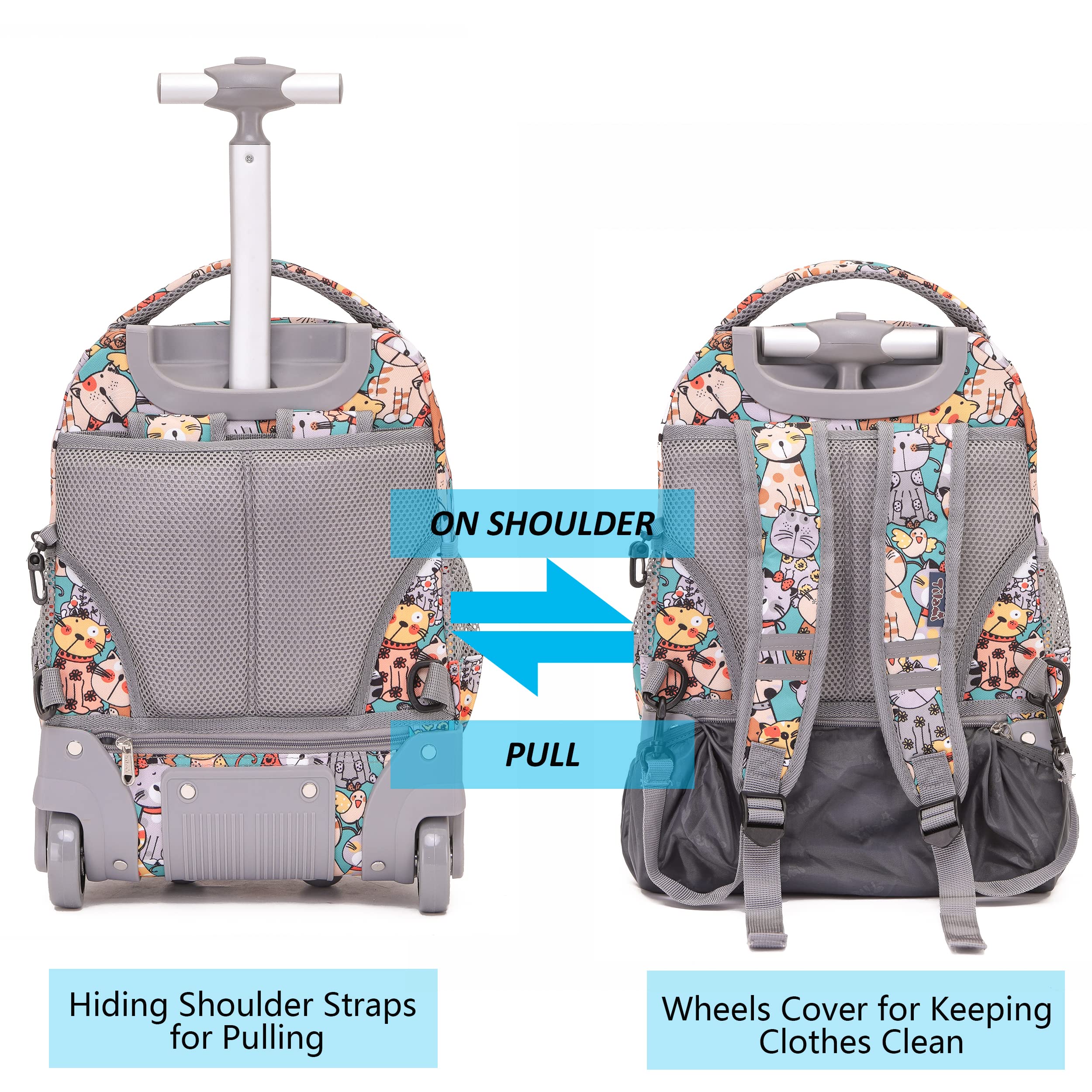 NEW TILAMI 16 Inches Rolling Backpack with Zipper Mesh Pouch Wheeled School Travel Student Bag Kids Rolling Backpack, Cat