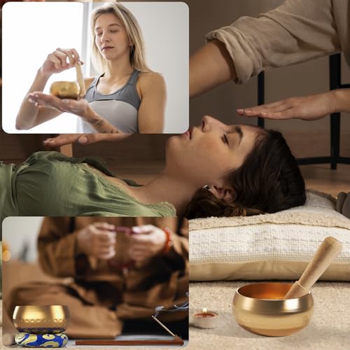 REGIS Tibetan Singing Bowl Set , Mindfulness, and Stress Relief zen decor,Bowl Handcrafted in Nepal for Healing and Mindfulness (gold, 3 inch)