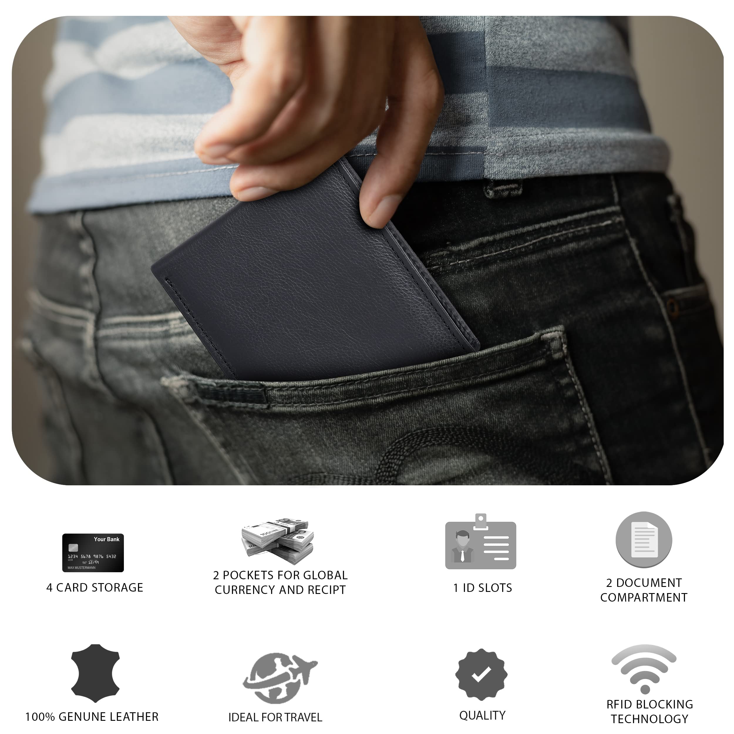 Mens slim Wallets | Billfold | 1 ID Windows | Black | Multiple Credit Card slots | Gifts for men | Soft genuine leather