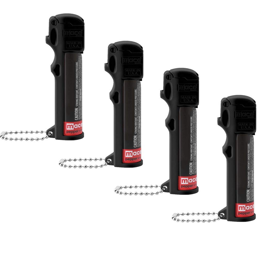Mace Brand PepperGuard Personal Pepper Spray (4 Pack, Black) – 12’ Powerful Pepper Spray with Police Strength OC Pepper Formula — Includes Keychain, Leaves UV Dye on Skin – Mace Spray Self Defense