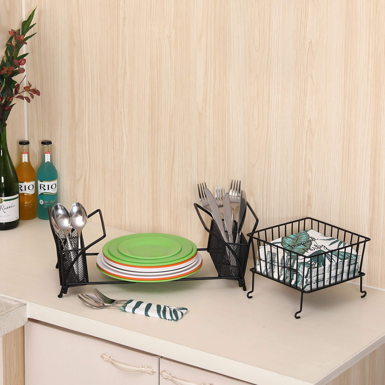 TQVAI 2 Tier Buffet Caddy Silverware Flatware Organizer with Mug Holder for Plates, Utensils, Napkins - Ideal for Kitchen, Dining, Entertaining, Parties, Picnics, Black