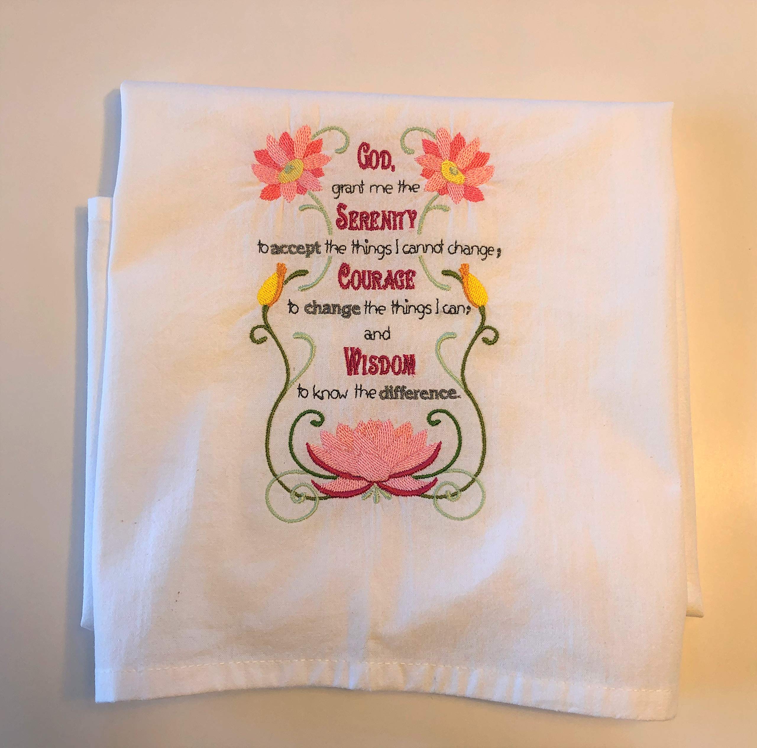 Serenity prayer embroidered flour sack tea towel, dish towel, choice of flower and large text color, machine embroidery,