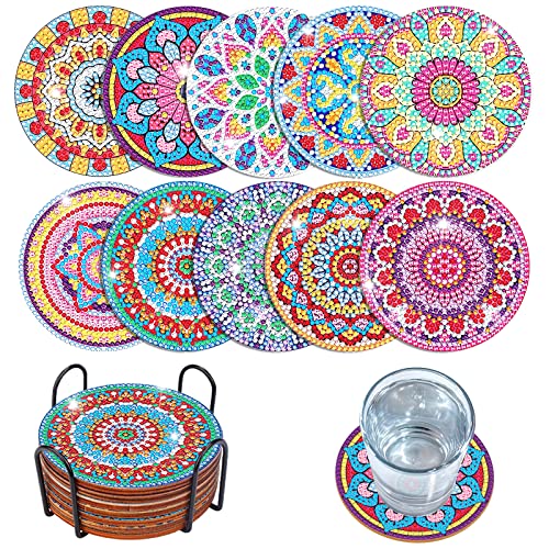 MONKLE 10 Pcs Coasters Kits with Dimensional Holder, DIY Cat Coaster Diamond Art Kits Non-Slip Coaster for Beginners, Kids and Adults Art Craft Supplies Gift (10 Pcs Mandala)