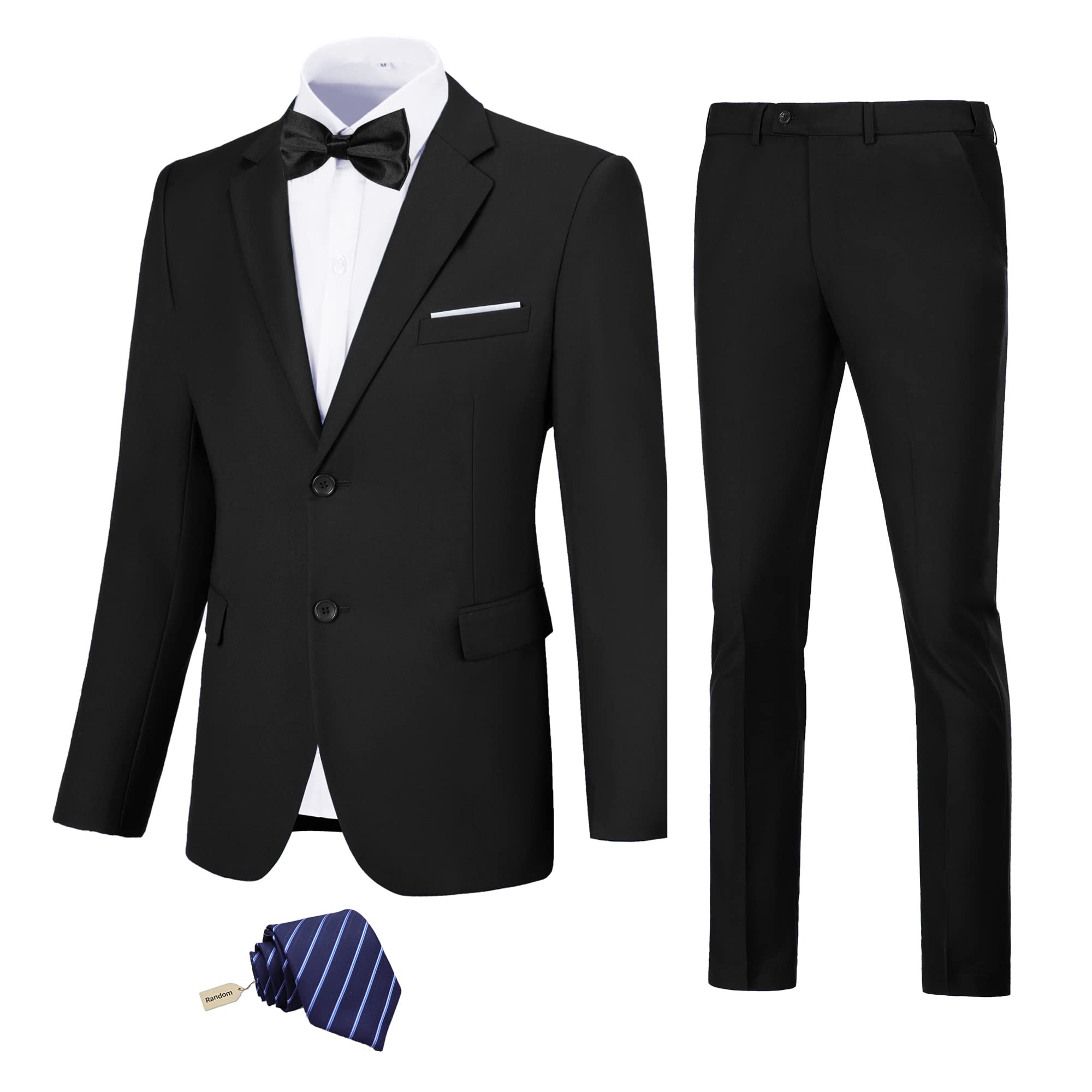 Men's Suit Slim Fit, 2 Piece Black Suits for Men, Solid Jacket Pants with Tie, Prom Wedding Homecoming Tuxedo Set XS
