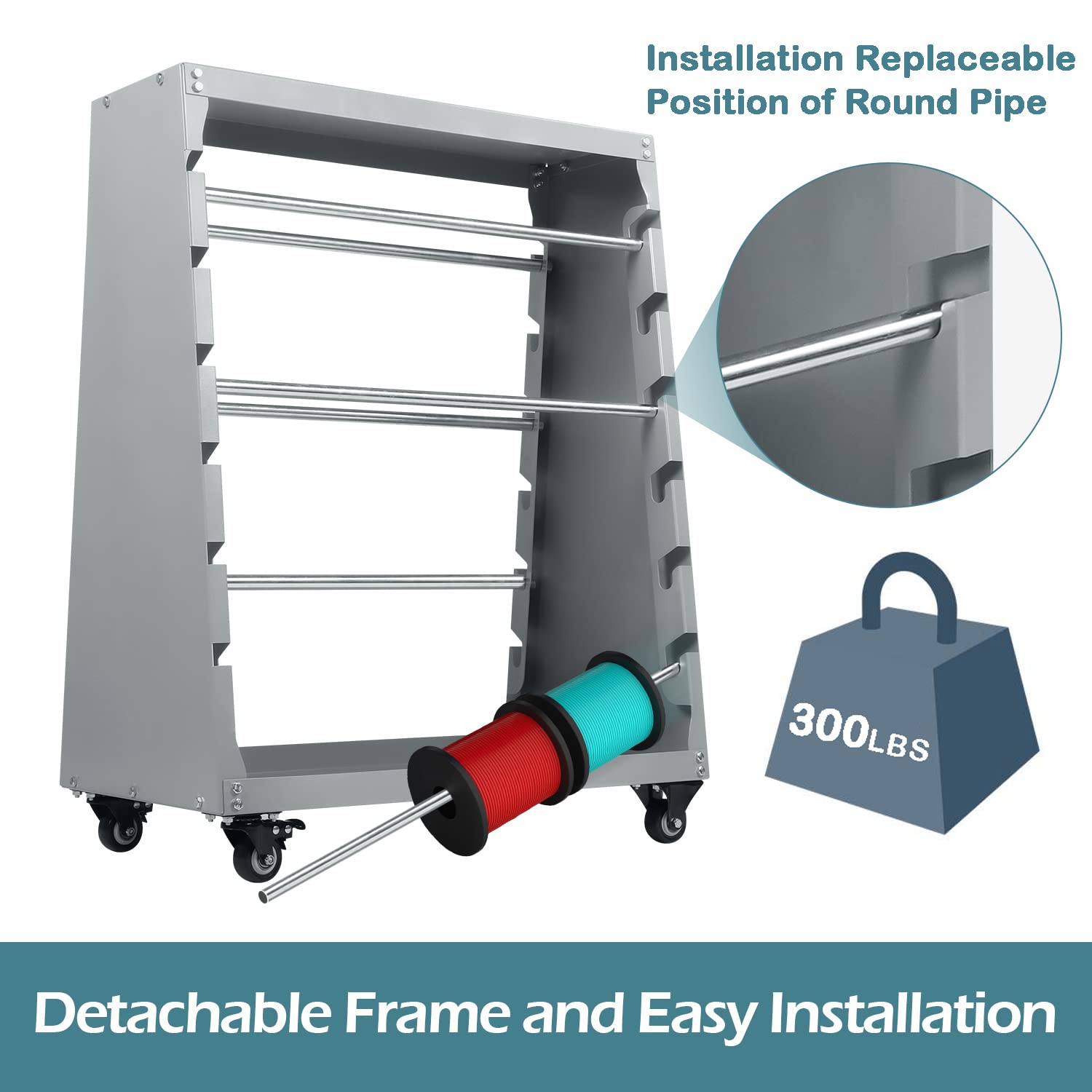 uyoyous Wire Spool Rack 29.5 x 25.2 Inch Cold-Rolled Steel Cable Dispenser Cart with Locked Wheels 6 Rods Electrical Wire Spool Storage Dispenser 300lbs Capacity for Industrial Workplace