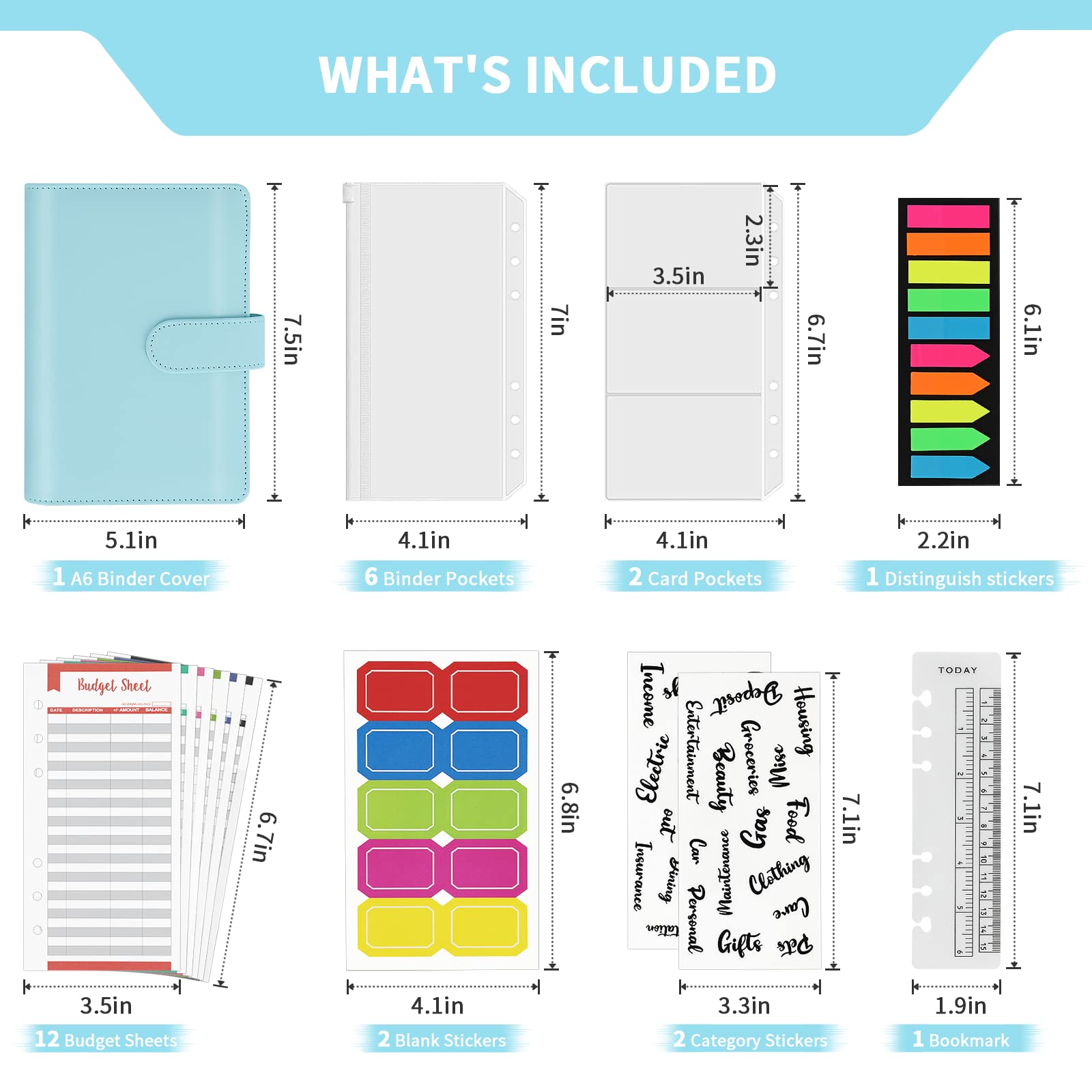 Smarpau Budget Binder with Zipper Envelopes, Money Organizer for Cash, A6 PU Leather Money Saving Binder with 6pcs Binder Pockets & 2pcs Card Sleeves, 12pcs Budget Sheets & 200pcs Sticky Tabs, Blue