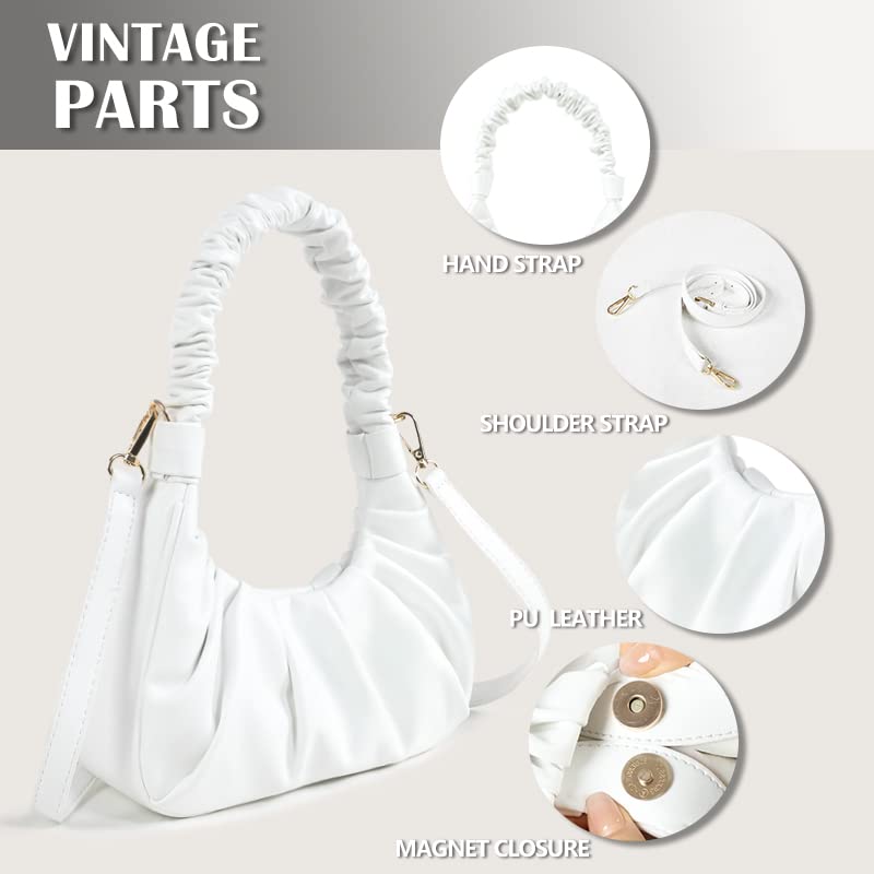 Small Purse PU Vegan Leather Top-Handle Shoulder Bags Mini Hobo Handbags Ruched Pleated Trendy Purse for Women(White-5)