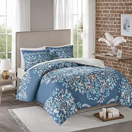 Madison Park Eden 3 Piece Cotton Printed Reversible Duvet Cover Set, Full/Queen(90"x90"), Navy