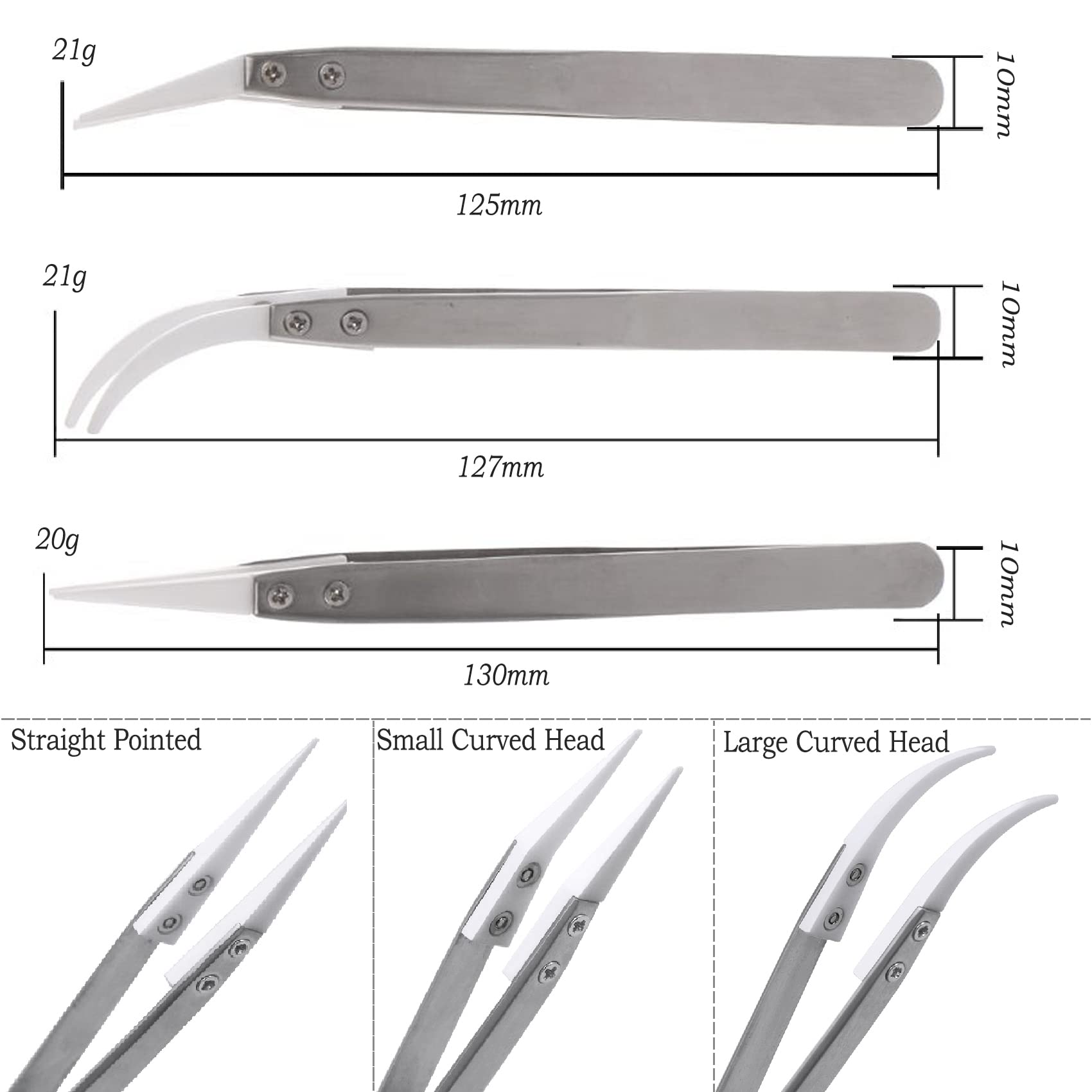 Muye 3Pcs Silver Ceramic Tweezers Non-Conductive Heat Resistant Tweezers Straight, Small Curved, Large Curved Tip Anti-Static Electronic Tweezers for Precision Parts