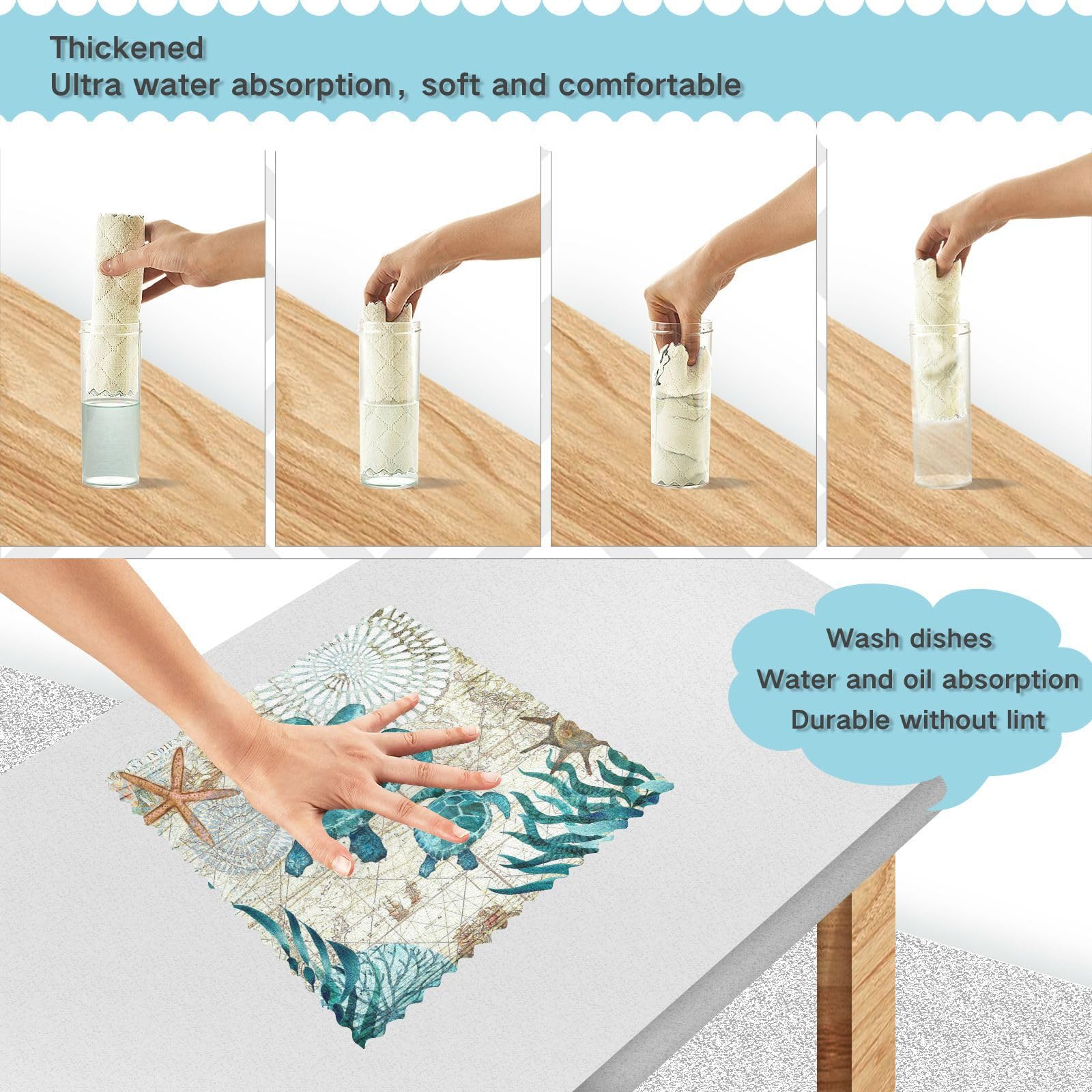 senya Vintage Ocean Sea Turtle Starfish Map Print Dish Cloths 6 Pack Dish Towels Reusable Cleaning Cloths Kitchen Hand Towels