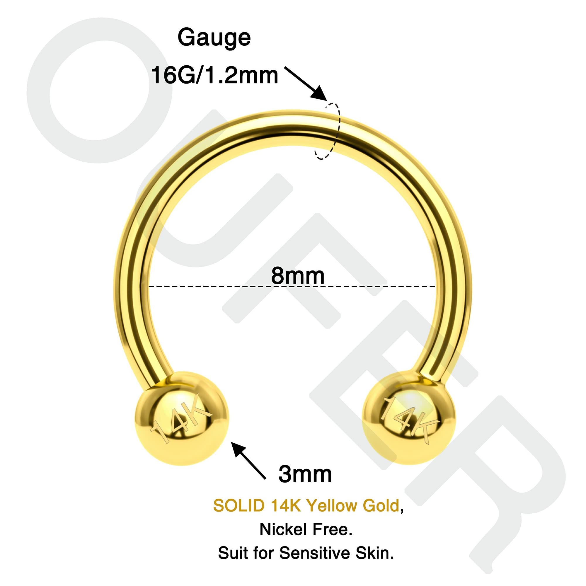OUFER Gold Septum Piercing Jewelry 16G 14K Solid Gold Nose Septum Horseshoe Hoop Earring Helix Daith Cartilage Earrings