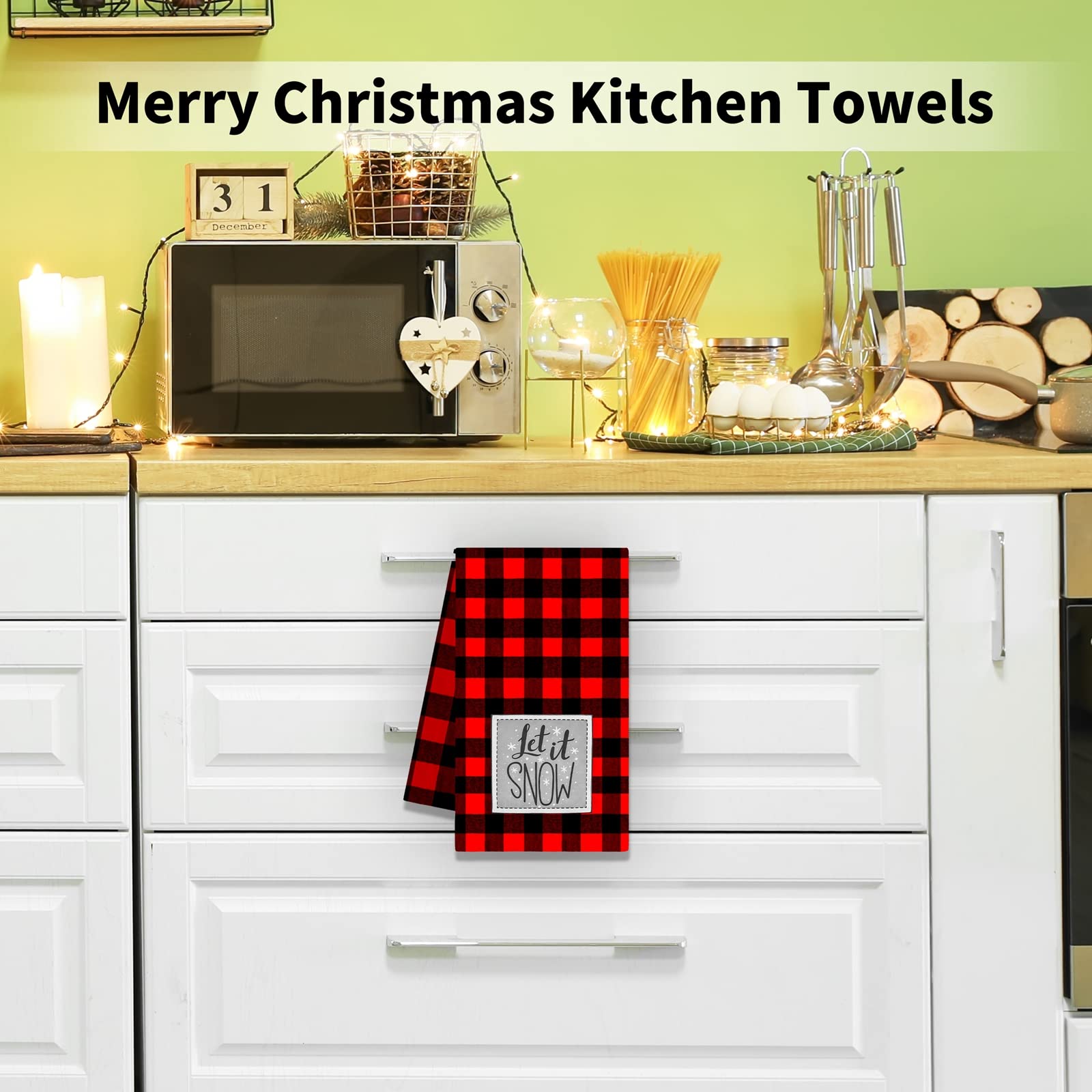 Ruisita 4 Pack Buffalo Plaid Christmas Cotton Kitchen Towels Oversized Embroidered Xmas Decorative Dish Towels 28 x 18 Inch for Winter Holiday Kitchen Drying Cooking