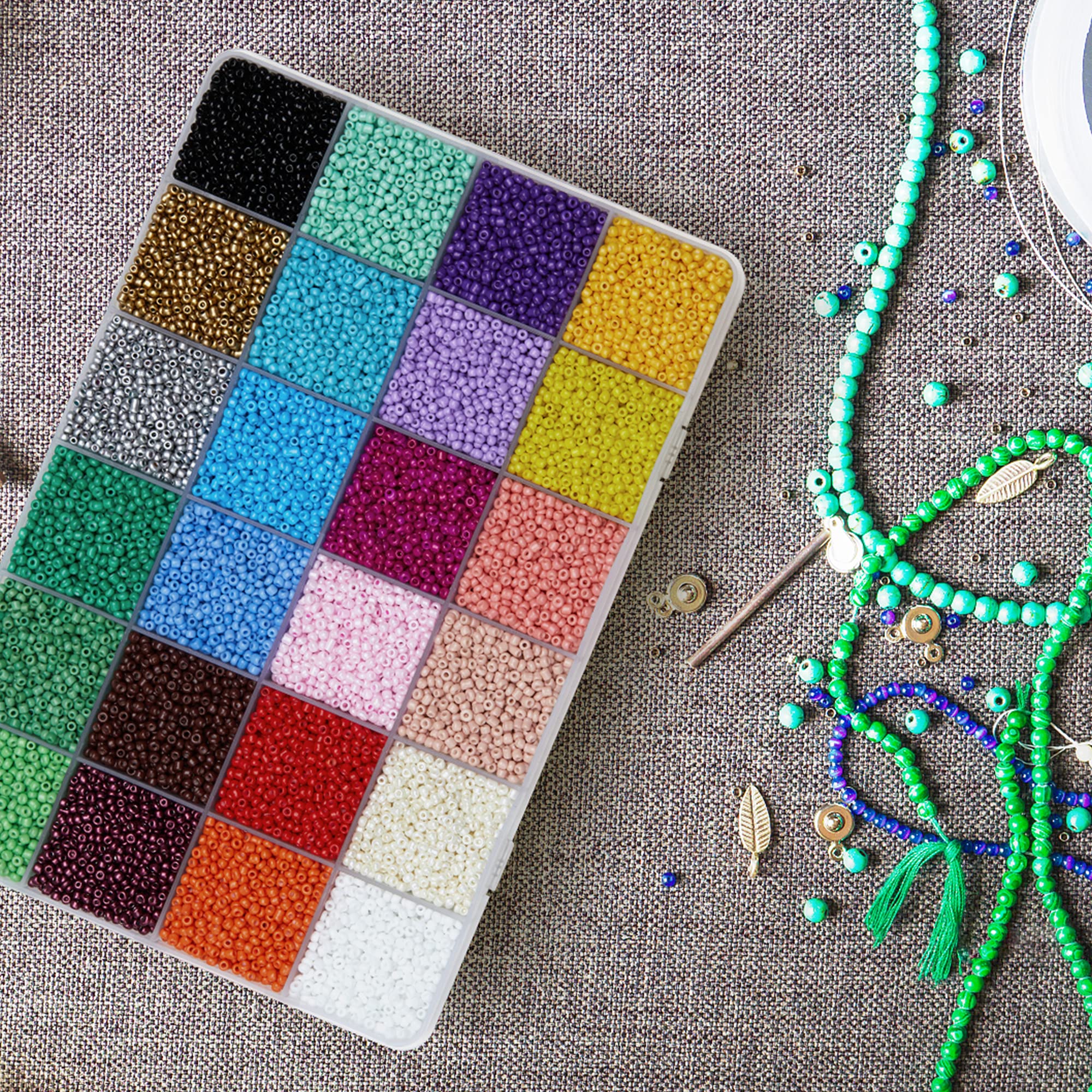 Moloni 2mm Glass Seed Beads for Bracelets, 28800pcs Small Beads for Craft Jewelry Making Kits 12/0 for Kids and Adults (24 Color)