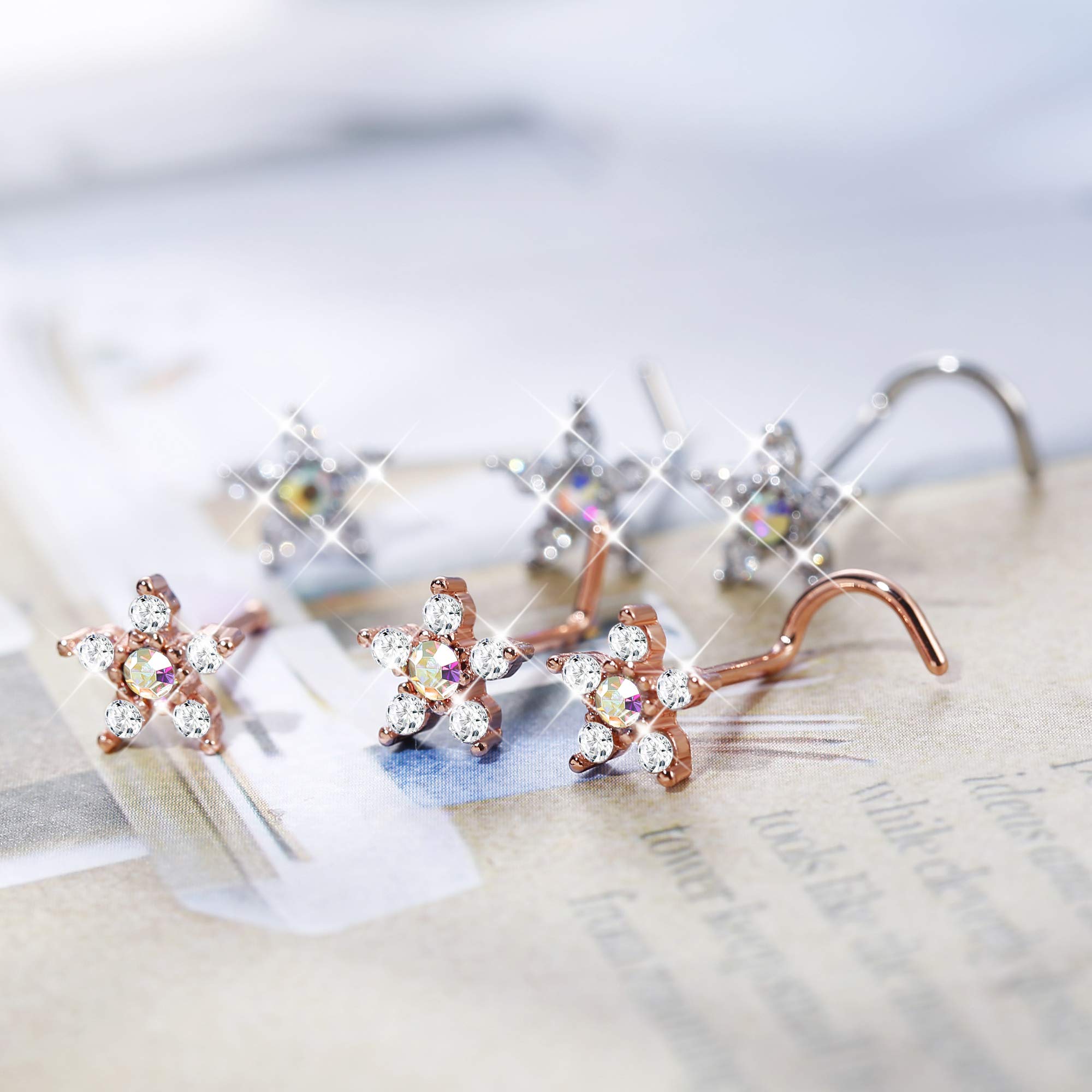 LOYALLOOK 6Pcs 20G Stainless Steel Silver/Rose Gold Flower Nose Rings Studs Piercing Body Jewelry Piercing CZ Inlaid