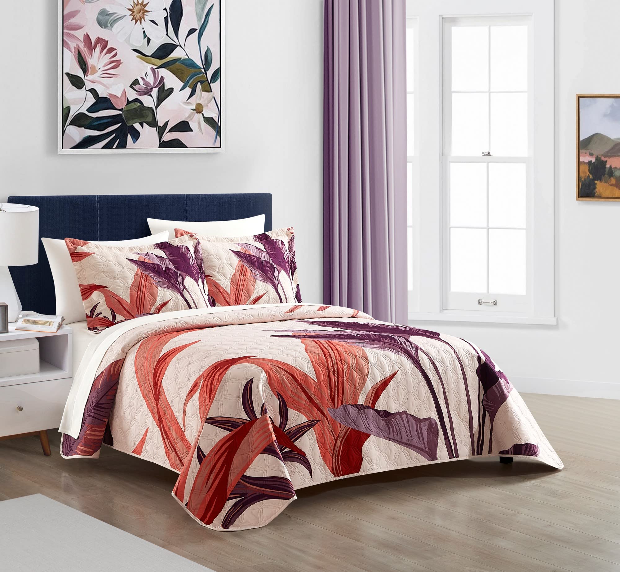 New York & Company Trident 3 Piece Quilt Set Contemporary Large Scale Floral Print Design Bedding - Pillow Shams Included, Queen, Pink