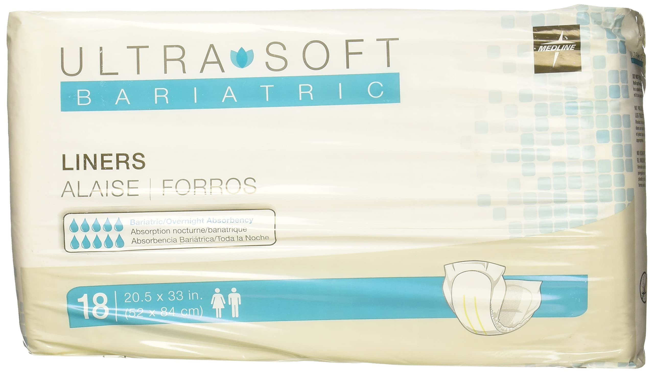 Medline Ultra-Soft Plus Incontinence Liners, Bariatric Overnight/Maximum Absorbency, 20.5" x 33", White (Pack of 72)