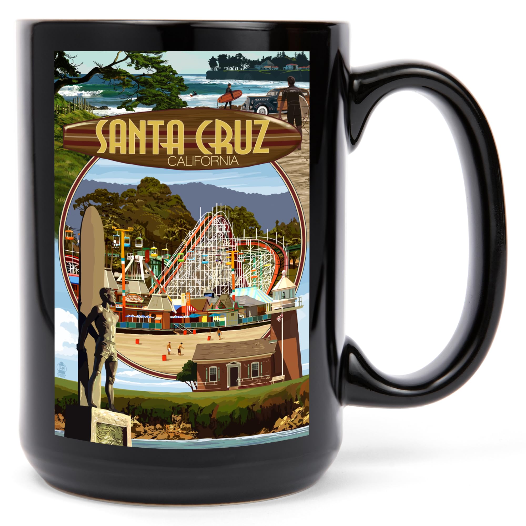 Lantern Press Santa Cruz, California, Scenes Montage (15oz Black Ceramic Coffee and Tea Mug, Dishwasher and Microwave Safe)