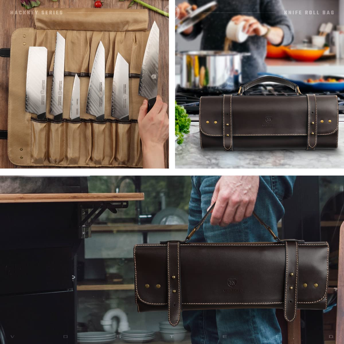 Vosteed Leather Knife Roll Bag - Chef Knife Storage Bag with 16 Slots, Lightweight Kitchen Knife Carrying Roll Case for Chefs Professional, Multi Purpose Knife Wrap Roll Holders for Kitchen Utensils
