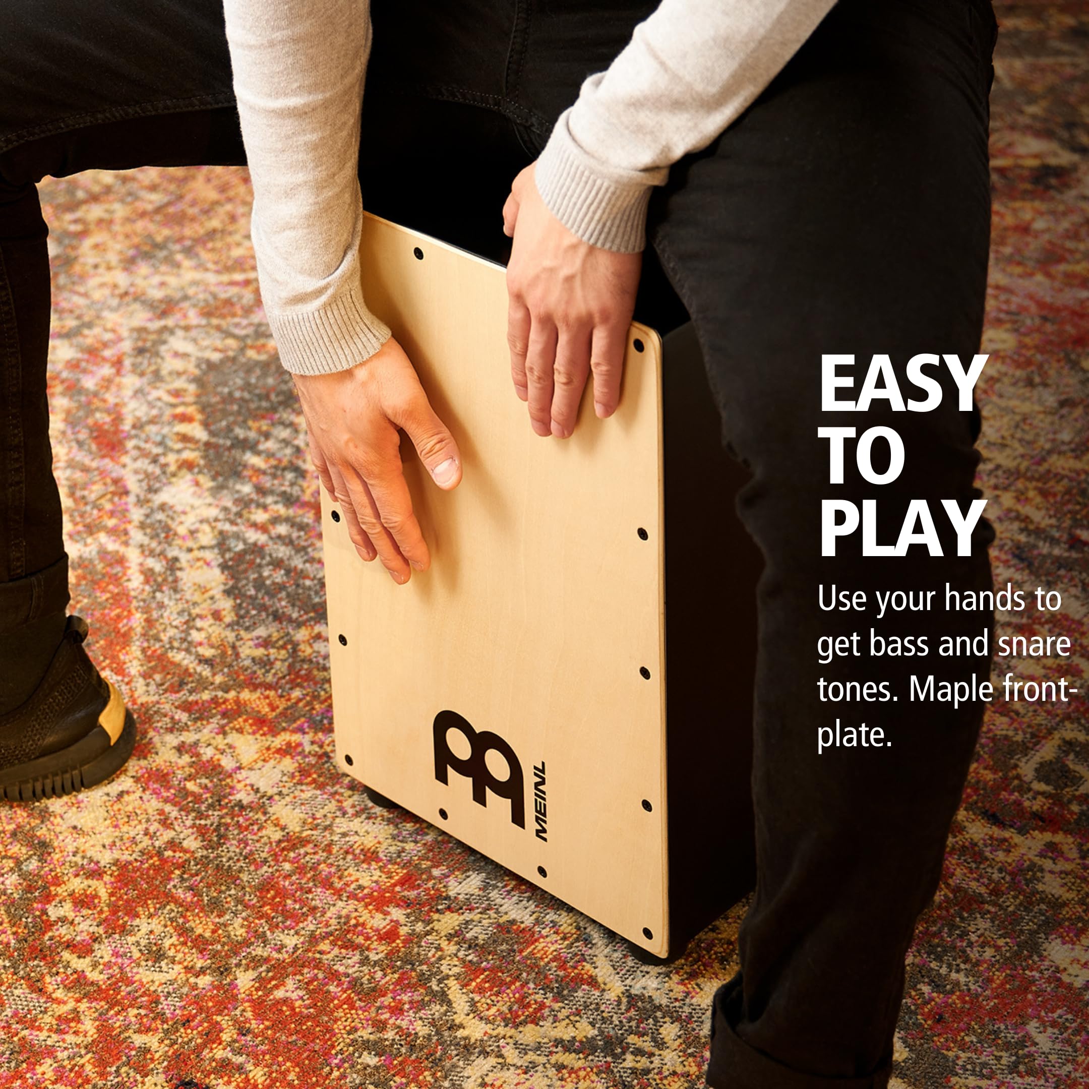 Meinl Cajon Box Drum with Internal Snares - NOT MADE IN CHINA - Maple Frontplate / MDF Body Full Size, 2-YEAR WARRANTY (MCAJ100BK-MA)