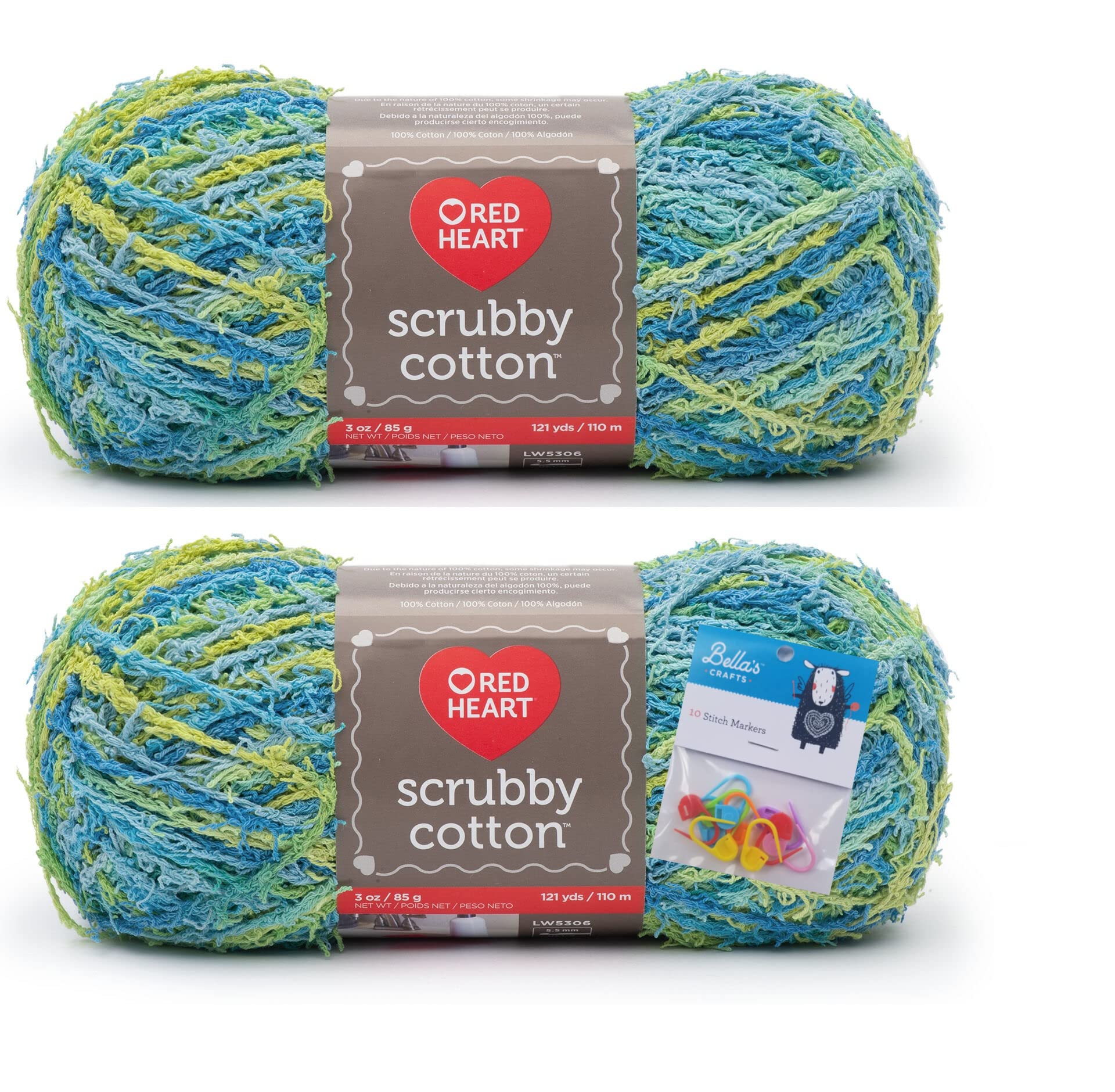 Red Heart Yarn Scrubby Cotton Yarn 2-Pack Bundle with Bella's Crafts Stitch Markers (Tranquil Print), multicolor