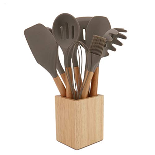LMMDP Silicone Kitchen Utensils Gadgets Wood handle Cooking Tools Kitchenware Set Spatula Shovel Spoon Home With Storage Box (Size : 10Pcs Kitchen Set)