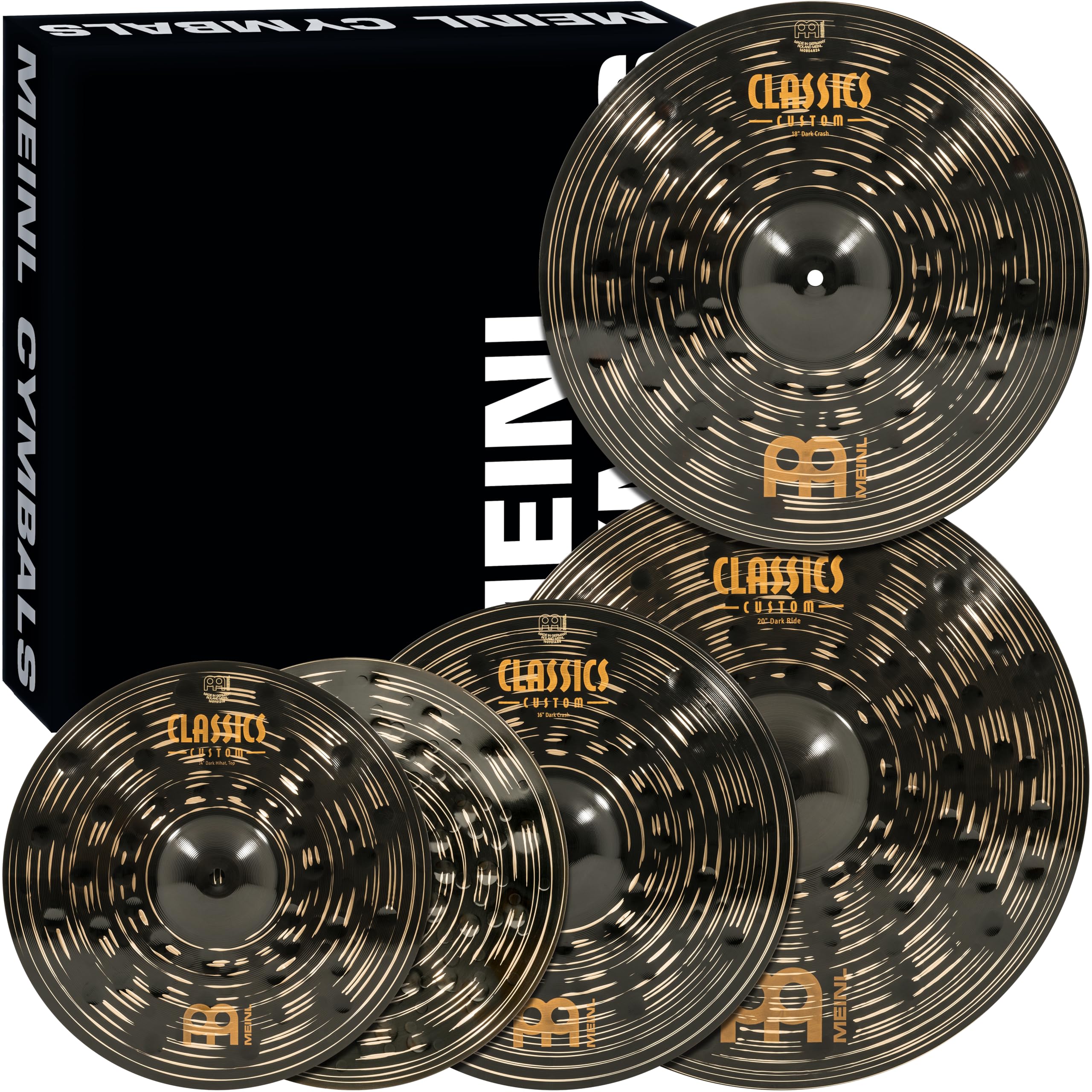 Meinl Cymbal Set Box Pack with 14β Hihats, 20β Ride, 16β Crash, Plus a FREE 18β Crash β Classics Custom Dark β Made In Germany, TWO-YEAR WARRANY (CCD460+18)