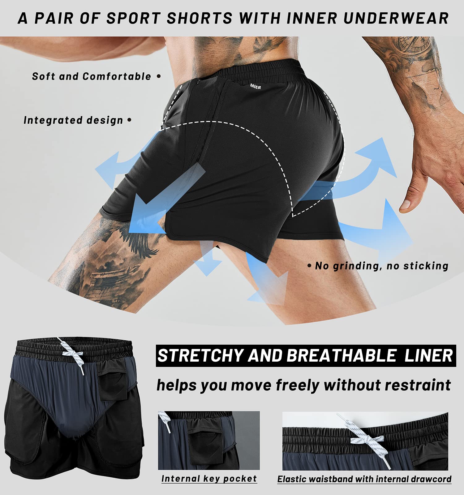 MIER Men's 3 Inches Quick Dry Running Shorts Water Resistant Lightweight Athletic Workout Training Activewear with Liner Zip Pockets Black M