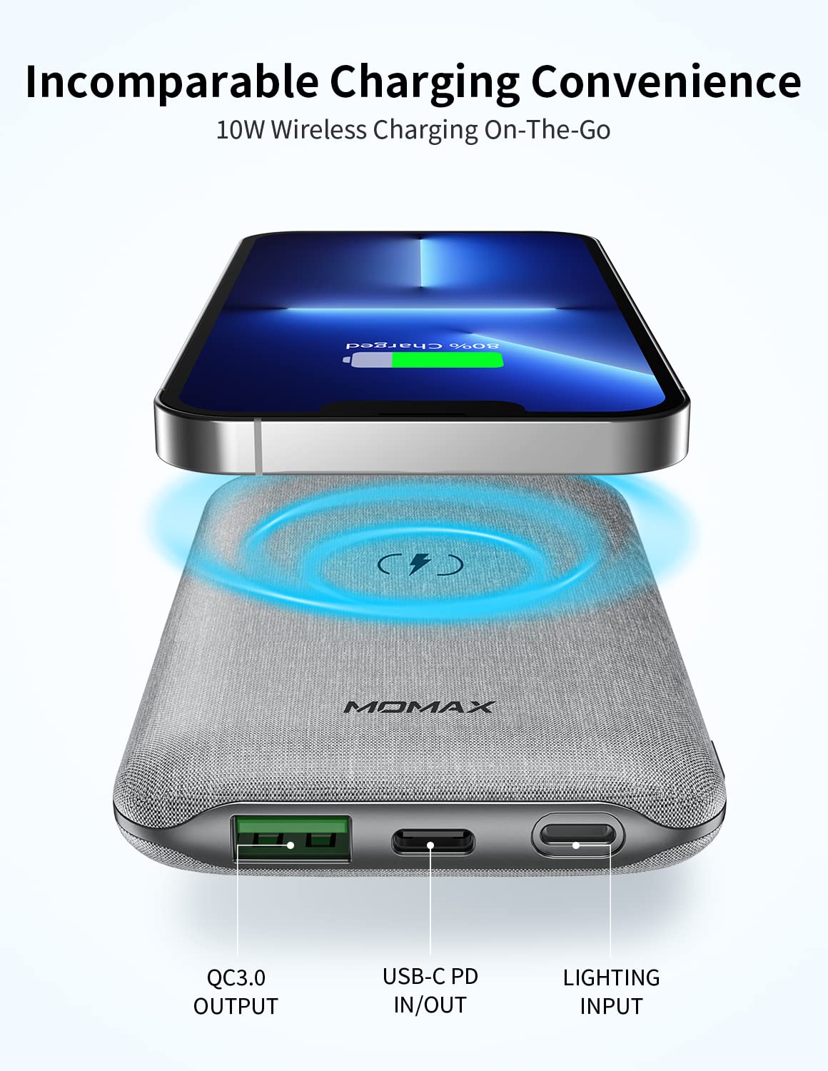 MOMAX Wireless Portable Charger, 10000mAh MFi Q.Power Touch Power Bank Lightning Input 20W PD&QC External Battery Pack 2 Input+3 Output Phone Charger for iPhone, Airpods, Samsung, Android (Light Grey)