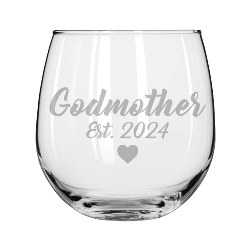 MIP Brand Wine Glass for Red or White Wine Godmother Est 2024 Christening Baptism (16 oz Stemless)