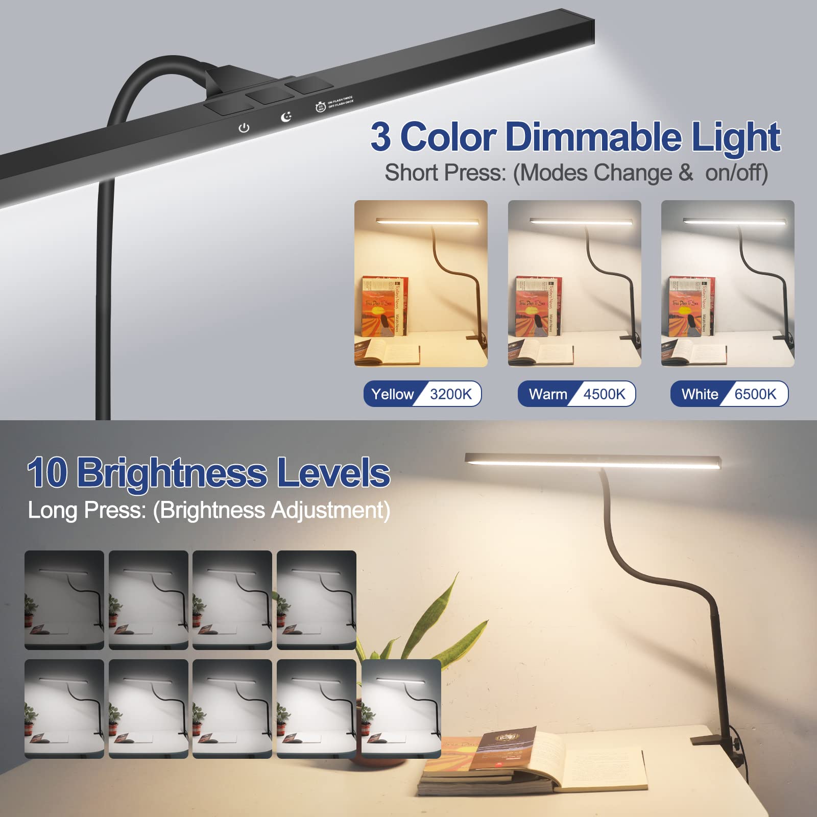 NEWACALOX Desk Lamps for Home Office, LED Desk Lamp with Touch Control and Night Light Function, Architect Task Lamp with 16-inch Long Lamp Head, 3 Modes 10 Brightness Gooseneck Desk Light