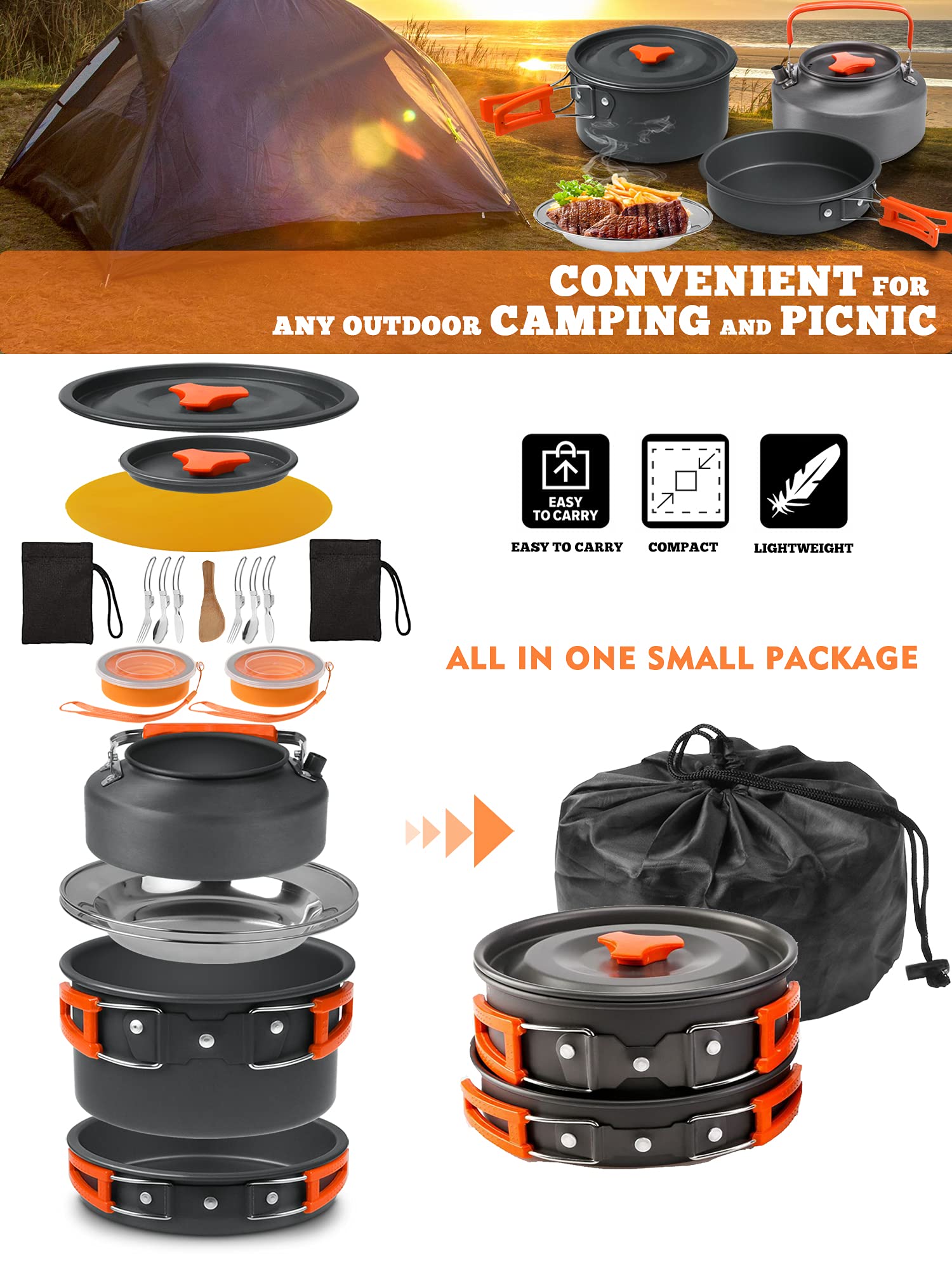Outdoor Ultralight Camping Cookware Mess Kit with 1.1L Kettle, Pot, Pan, 2 Plates, 2 Foldable Cups, 2 Fork Spoon Kits, Chopping Board, Camping Cooking Set for Outdoor Backpacking Hiking Picnic Fishing