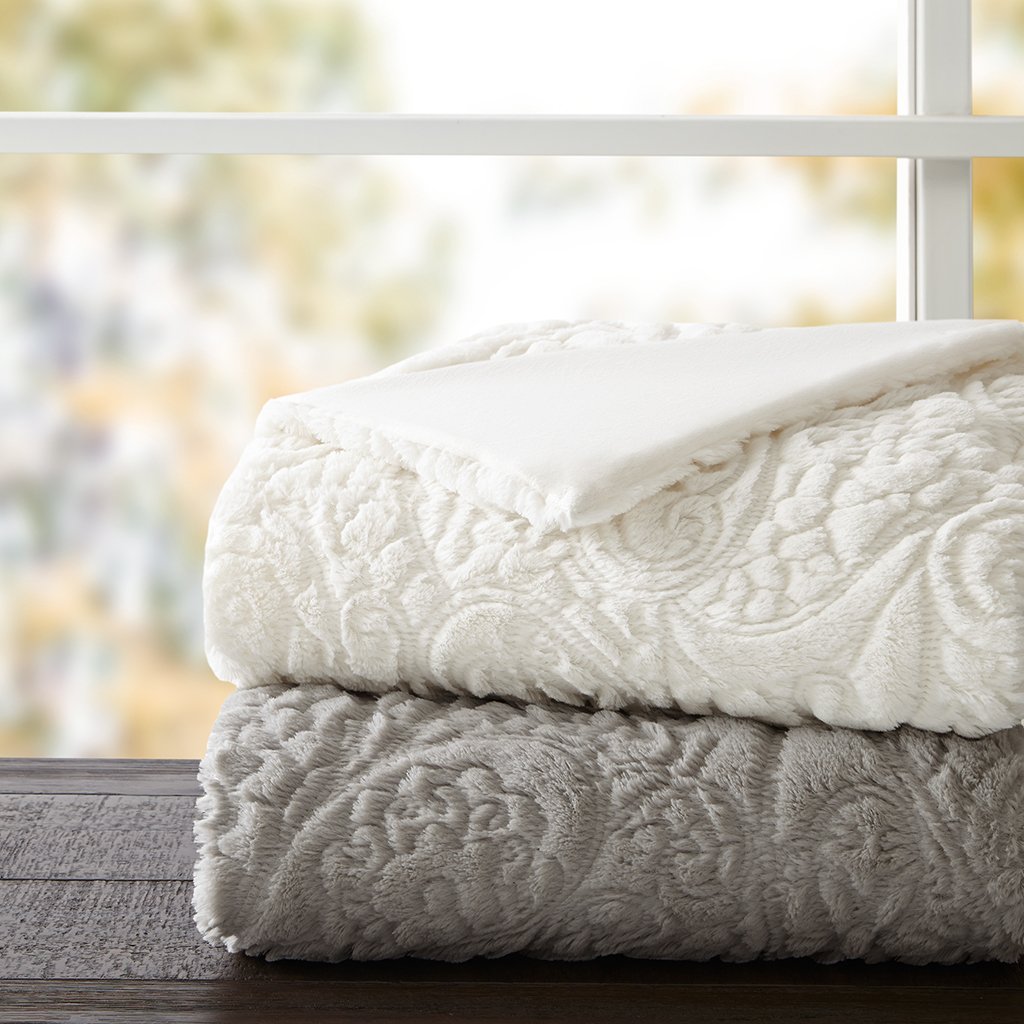 Madison Park Norfolk Luxury Ultra Plush Down Alternative Throw Ivory 50x60 Paisley Premium Soft Cozy Long Fur For Bed, Couch or Sofa