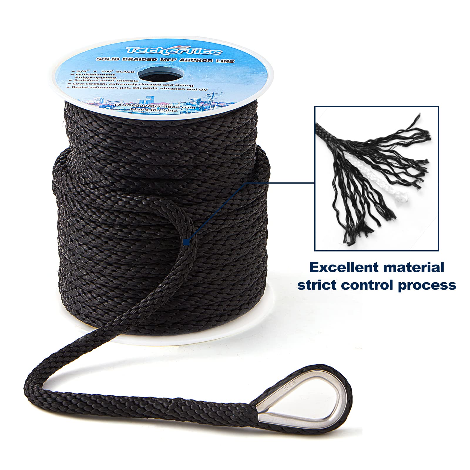 TetherTite Anchor line 3/8 Inch 100 Feet, Premium White Solid Braided MFP Boat Anchor Rope with Stainless Steel Thimble (3/8" x 100', Black)