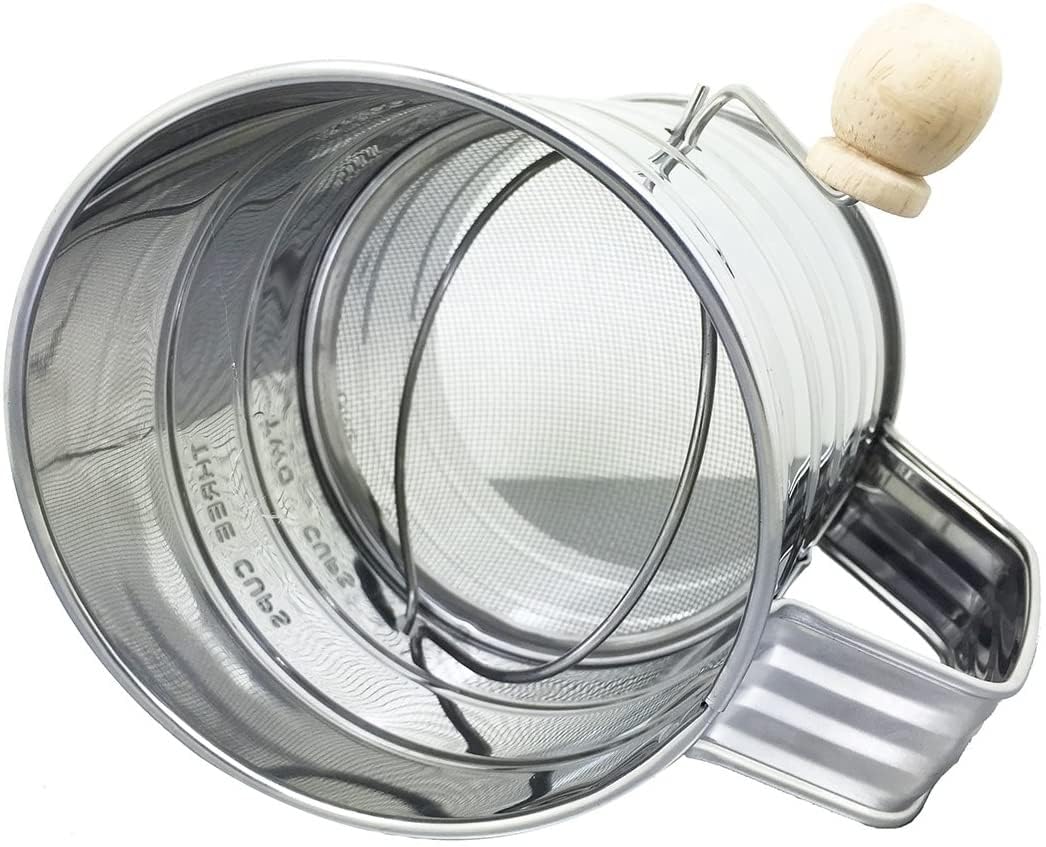 Zemensha Stainless Steel 3 Cups Flour Sifter for baking | Rotary Hand Crank Powdered sugar shaker and flour duster|