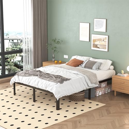 Lutown-Teen 14 Inch Full Size Bed Frame with Rounded Corner Legs, Sturdy Mattress Foundation, Heavy Duty Metal Full Platform No Box Spring Needed, Noise Free, Easy Assembly, Black