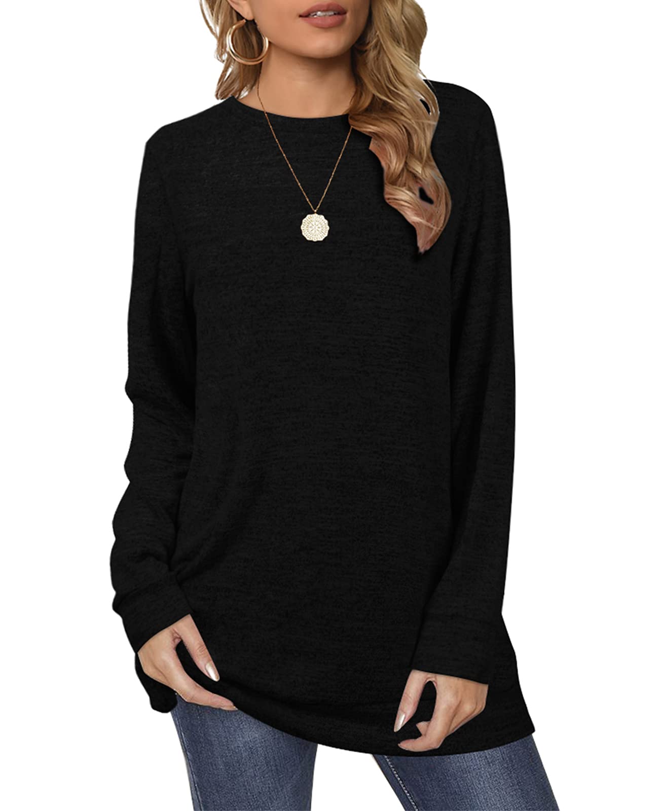 OFEEFAN Womens Tops Long Sleeve Crew Neck Loose Fit Casual Comfy Tunic Sweatshirts L