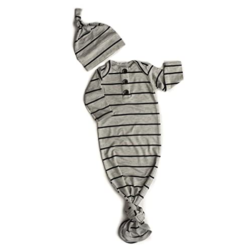 Newborn Baby Cotton Striped Gown Swaddle Wrap Knotted Sleepwear Sleeping Bags + Warm Headband (Grey, 0-6M)