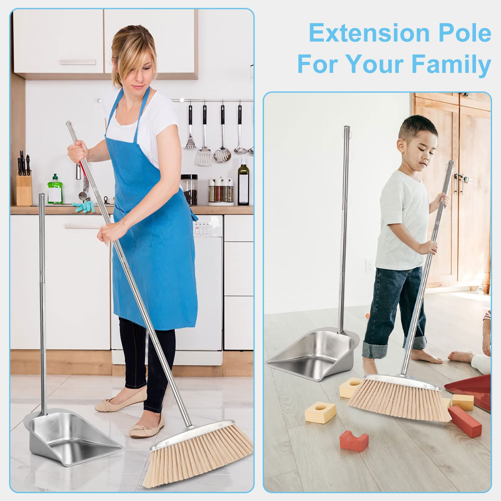 VOOWO Broom and Dustpan Set for Home, Stainless Steel Broom and Dustpan Set with Long Handle, Heavy Duty Dustpan Broom Set Standing Dust Pan Kitchen and Home Indoor Outdoor Broom