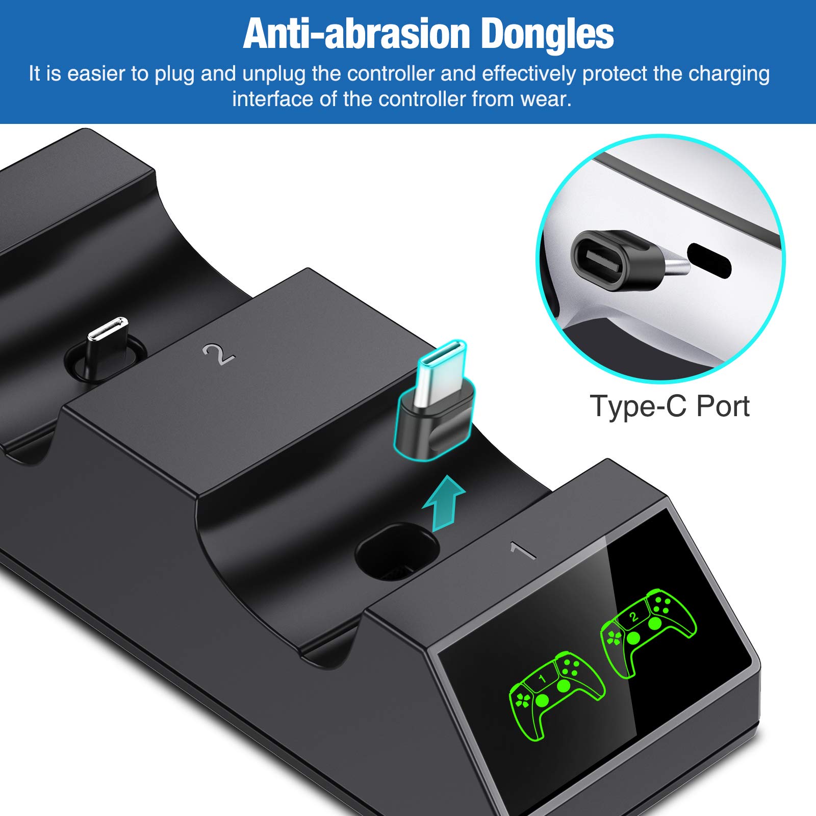 PS5 Controller Charger Station Compatible with Upgraded Playstation 5 Dualsense Controller, DinoFire USB Type-C Fast PS5 Controller Dual Charging Dock Station with 2 Type-C Connectors & LED Indicators