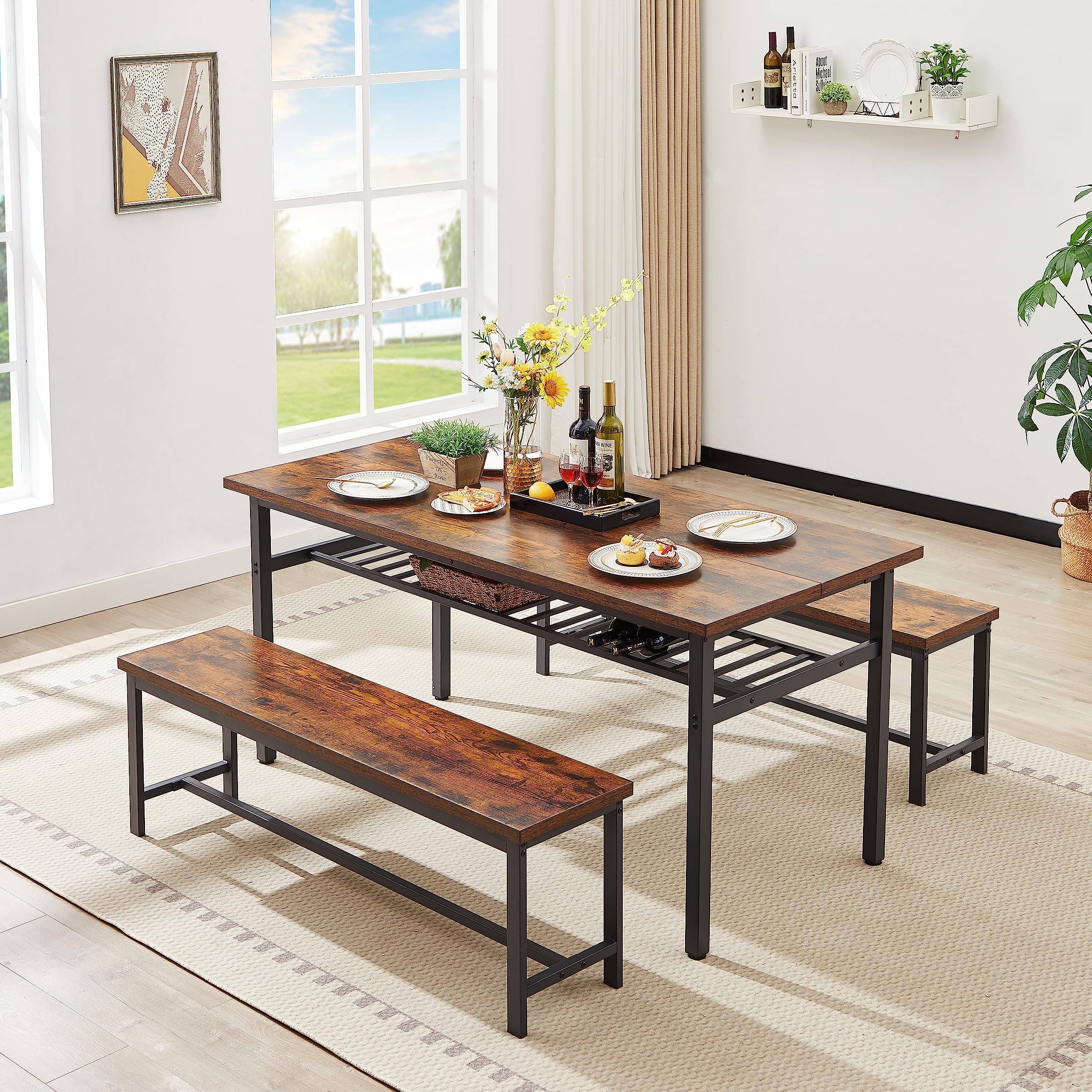 LIADTOP 3-Piece 67" Oversized 4-8 People, Set with 2 Benches,Space Saving Dinette with Chairs Metal Frame&MDF Board Dining Room Table for Kitchen,Rustic Brown