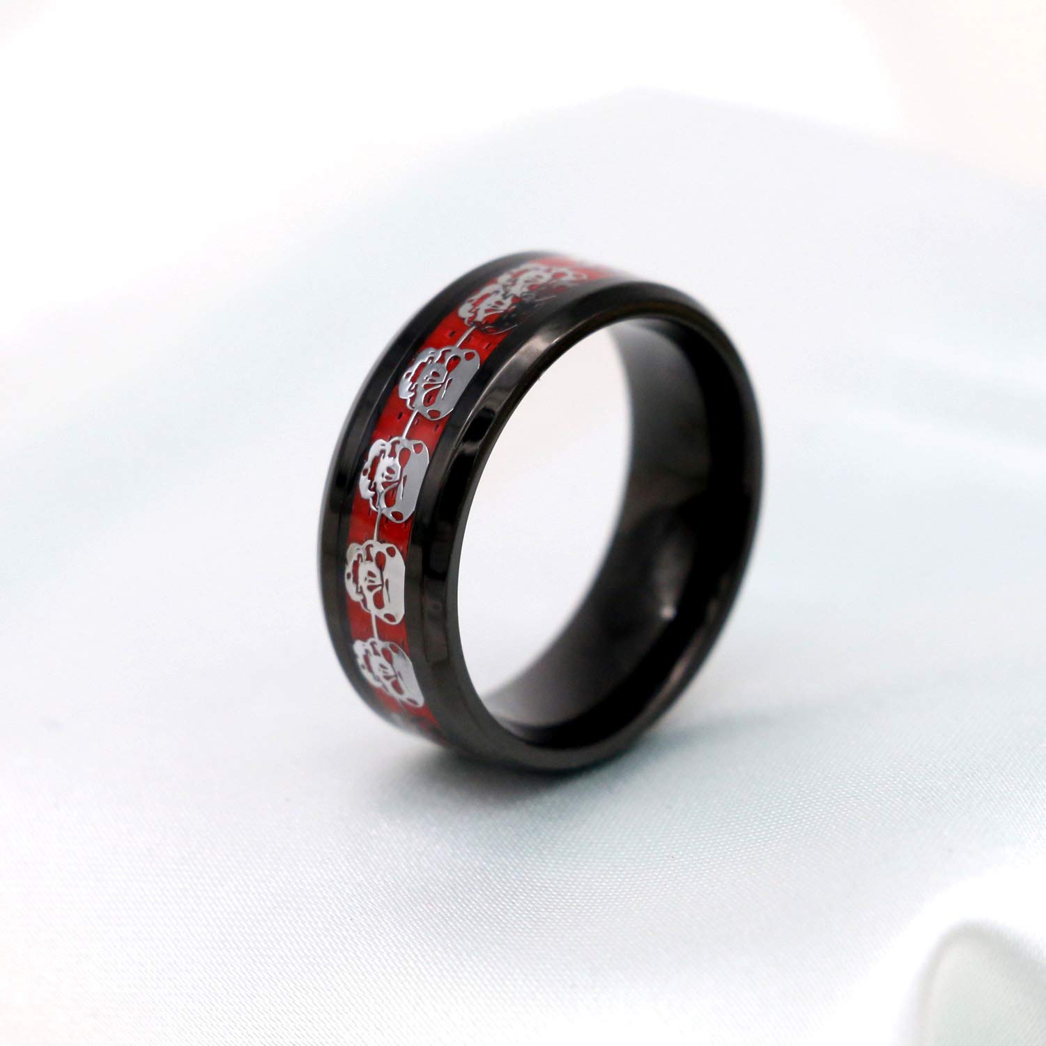 Ringcrown Couple Rings Black Plated Round Red Cz Womens Wedding Ring Sets Skull Ring Titanium Steel Man Wedding Bands(Please Buy 2 Rings for 1 Pair)