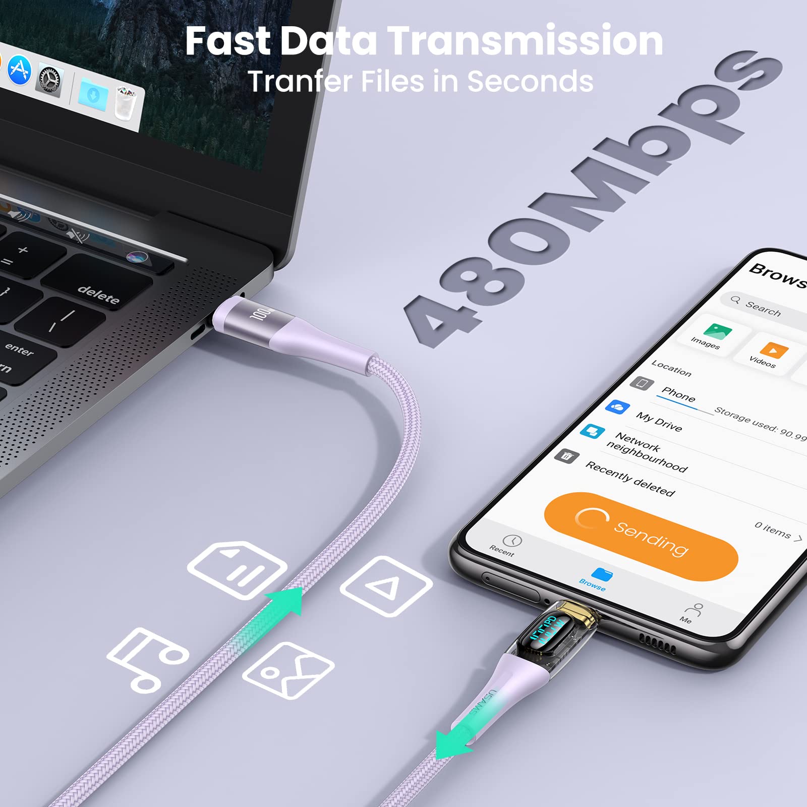 YOUSAMS 66W 3 in 1 LED Display Cord + 100W USB C to USB C Cable